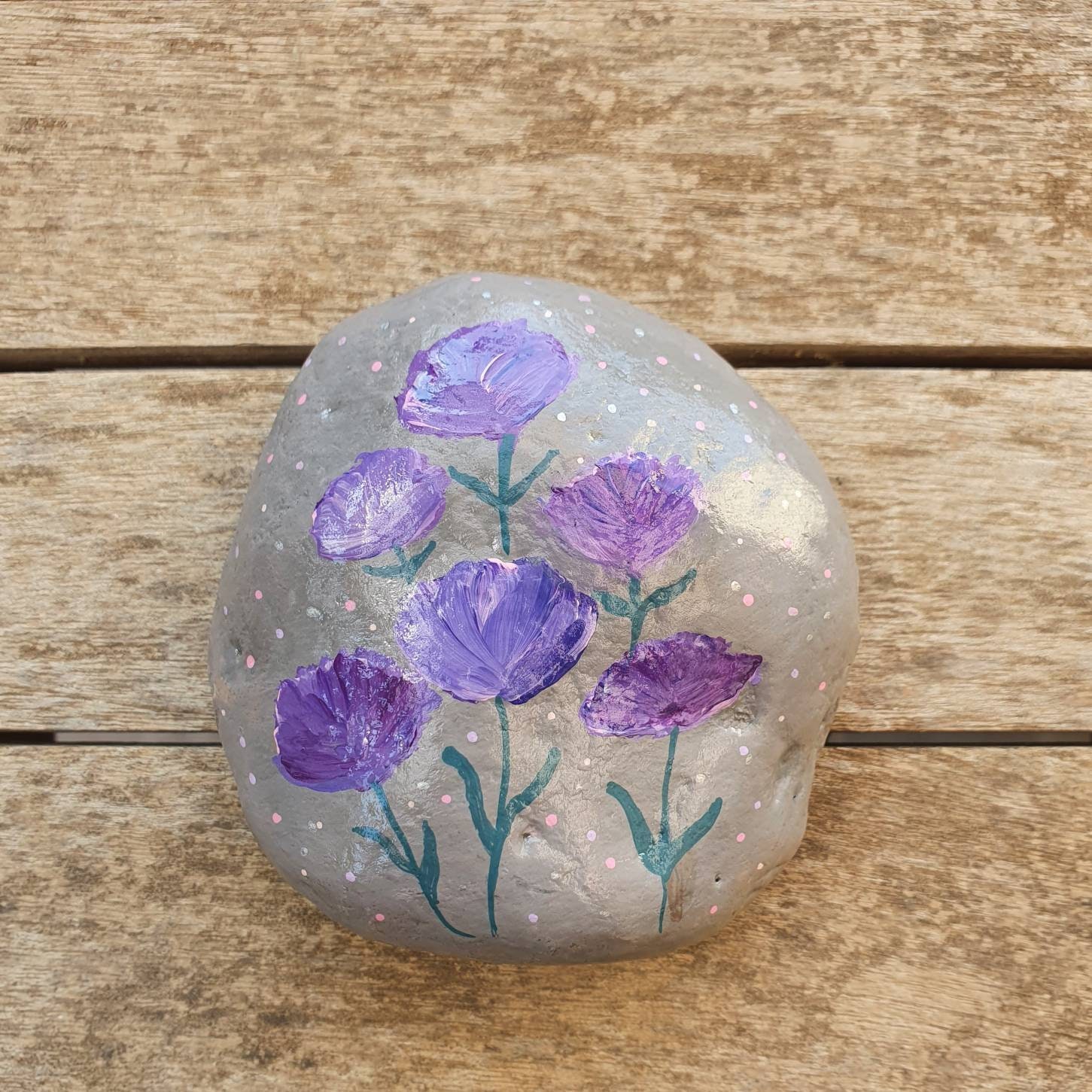 Purple Flowers Painted Rock, Lila Flowers Stone, Botanic Painting ...