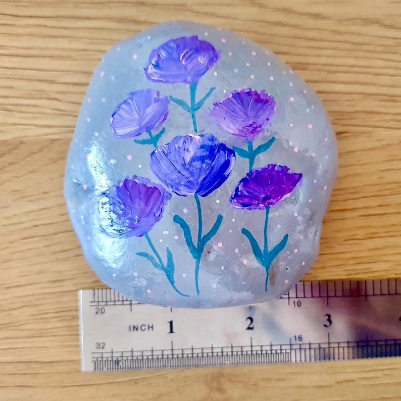 Purple Flowers Painted Rock, Lila Flowers Stone, Botanic Painting ...