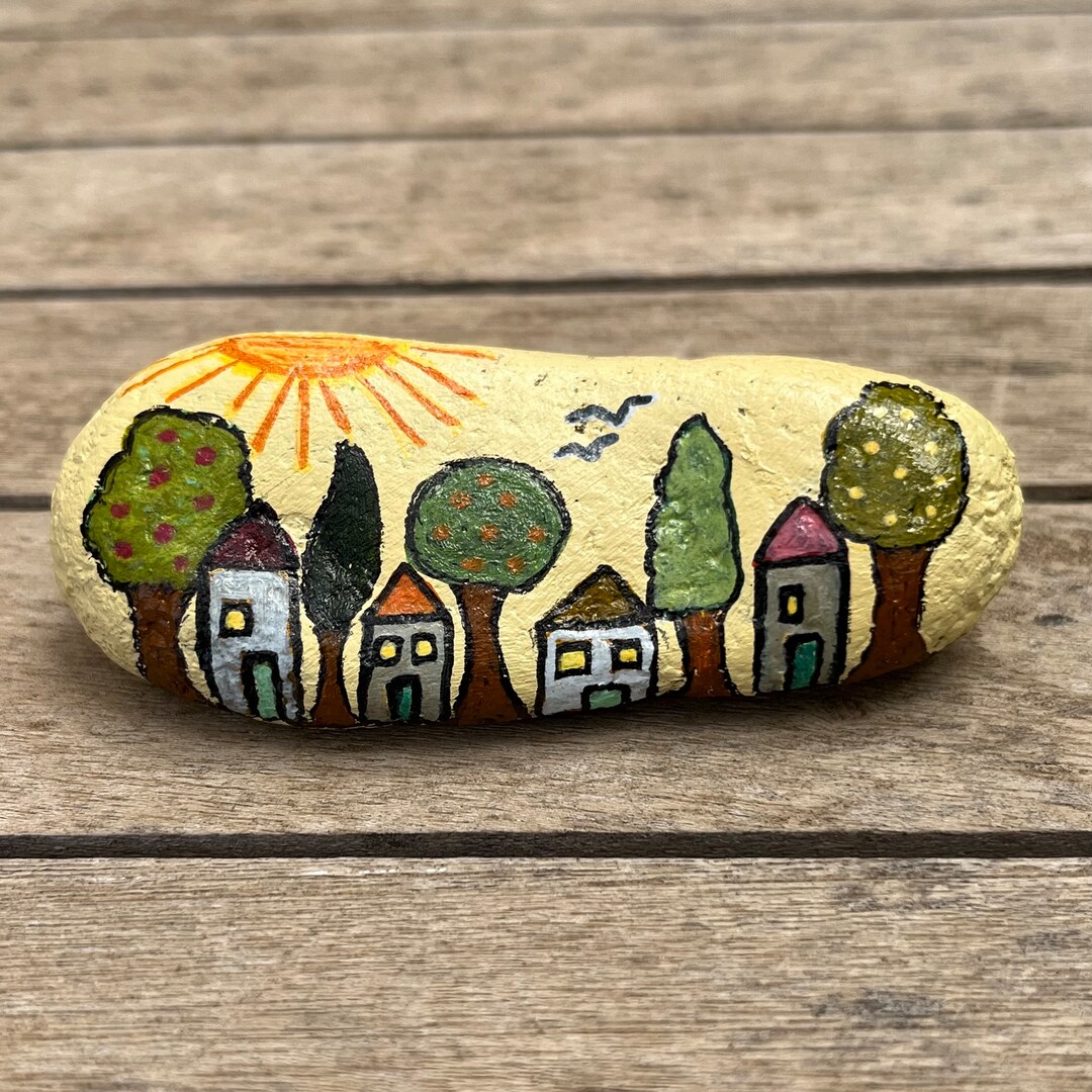 Houses Painted Rock, Painted Houses Stone, House Village Rock, House’s ...