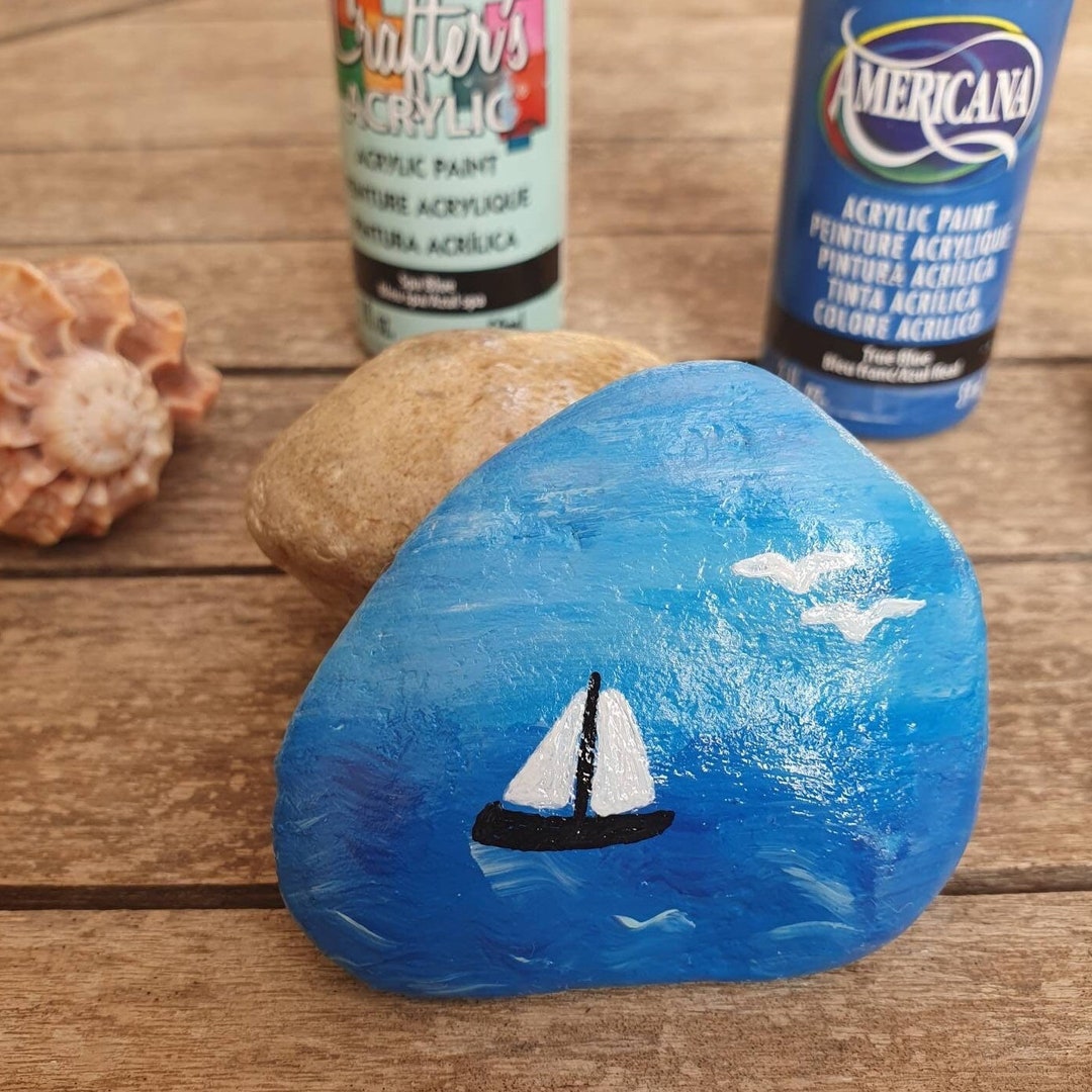 Boat at Sea Painted Stone, Boat Painted Rock, Sea Painted Stone, Sea ...