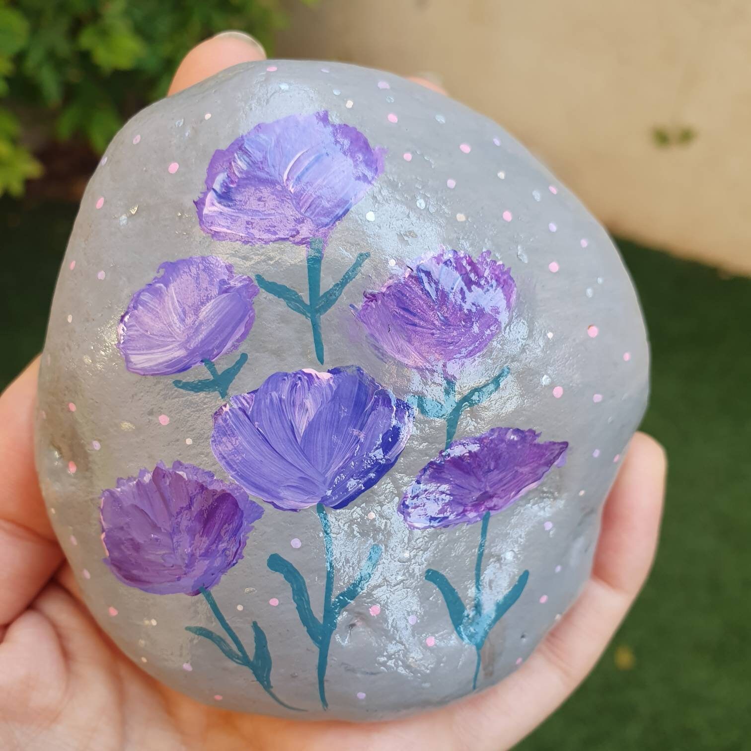 Purple Flowers Painted Rock, Lila Flowers Stone, Botanic Painting ...