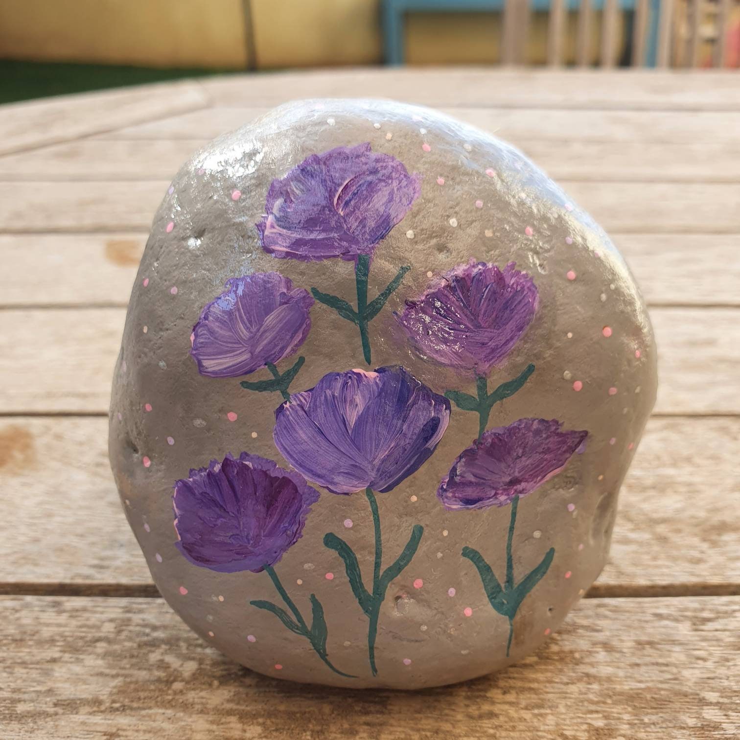 Purple Flowers Painted Rock, Lila Flowers Stone, Botanic Painting ...