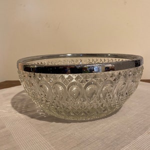Vintage Large Pressed Glass Bowl With Metal Rim - Etsy