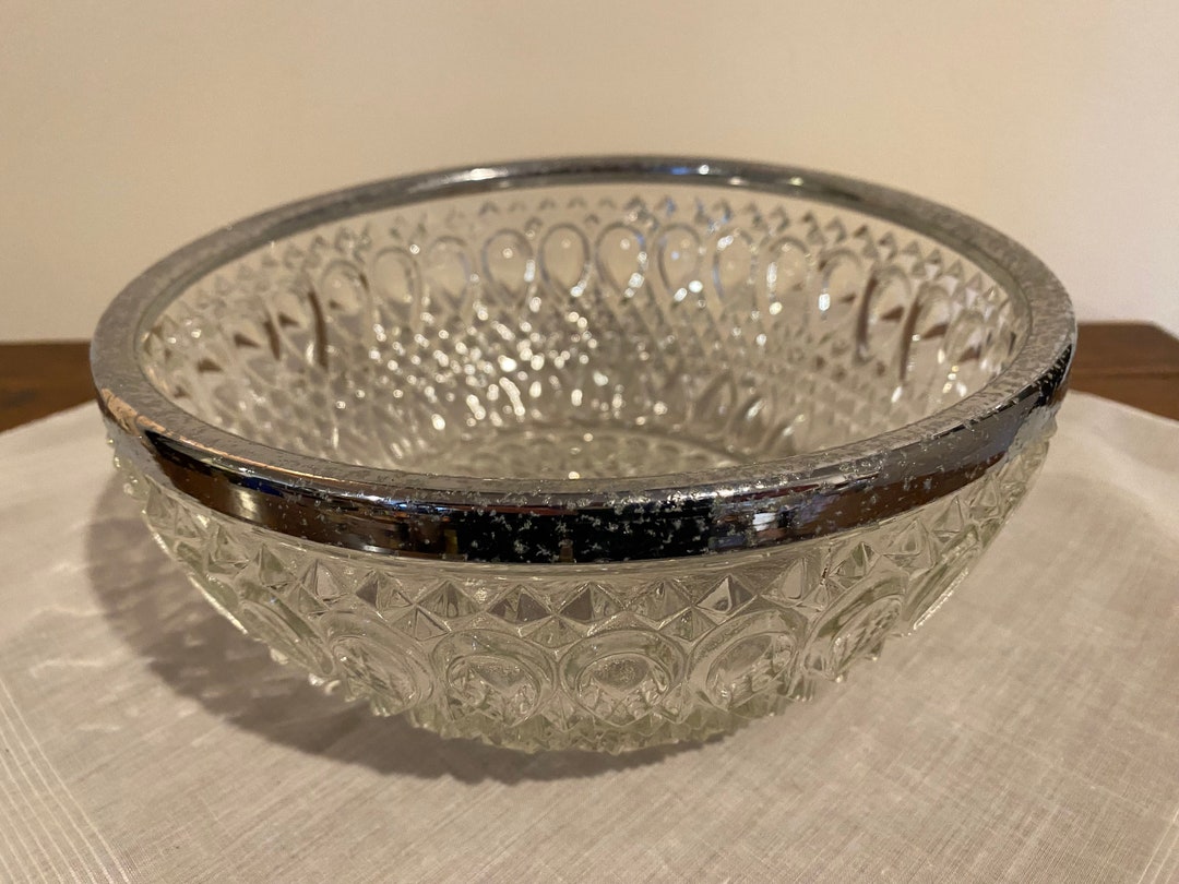 Vintage Large Pressed Glass Bowl With Metal Rim - Etsy