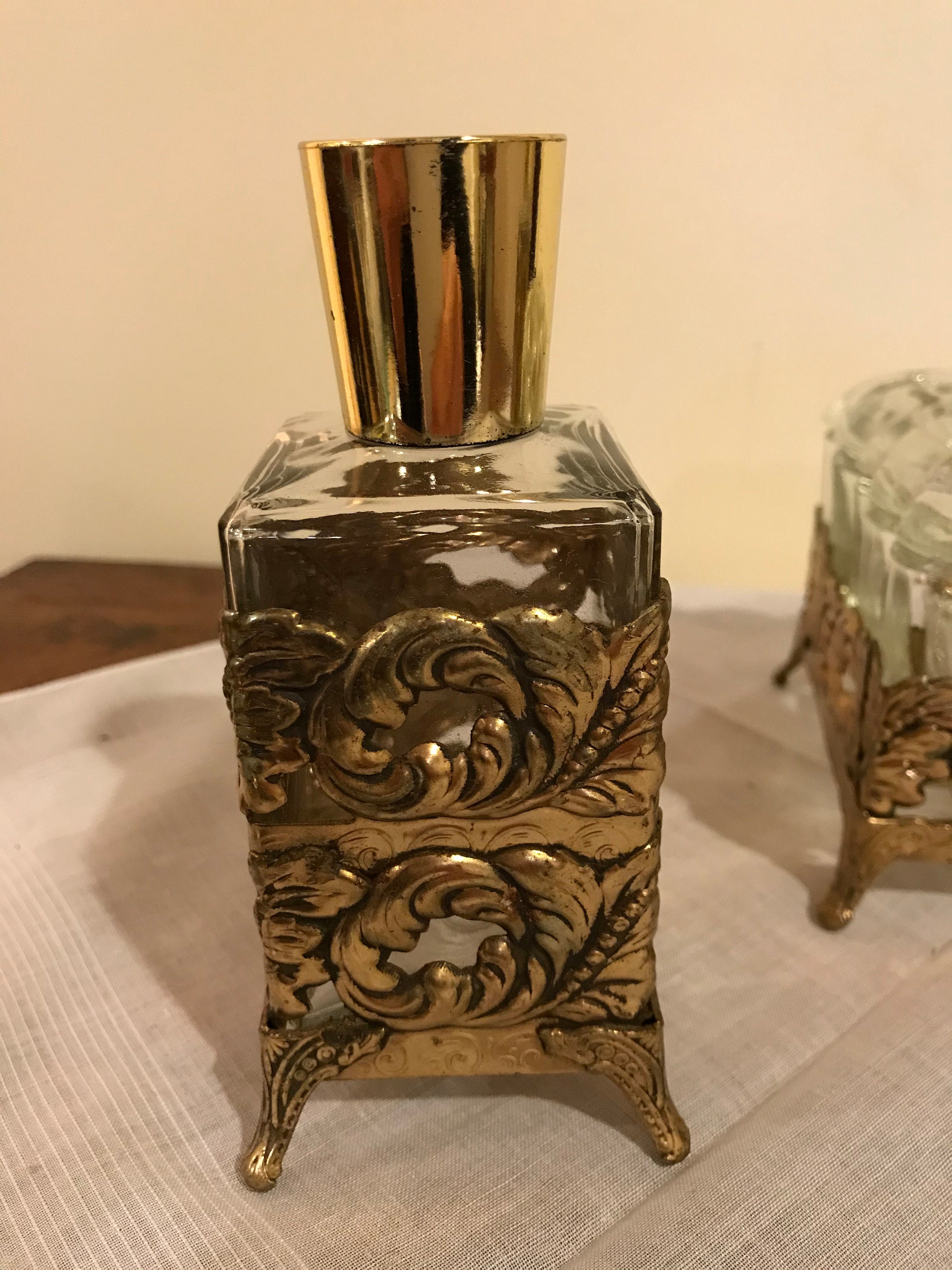 Vintage Glass and Gold Tone Metal Powder Box With Lid and | Etsy