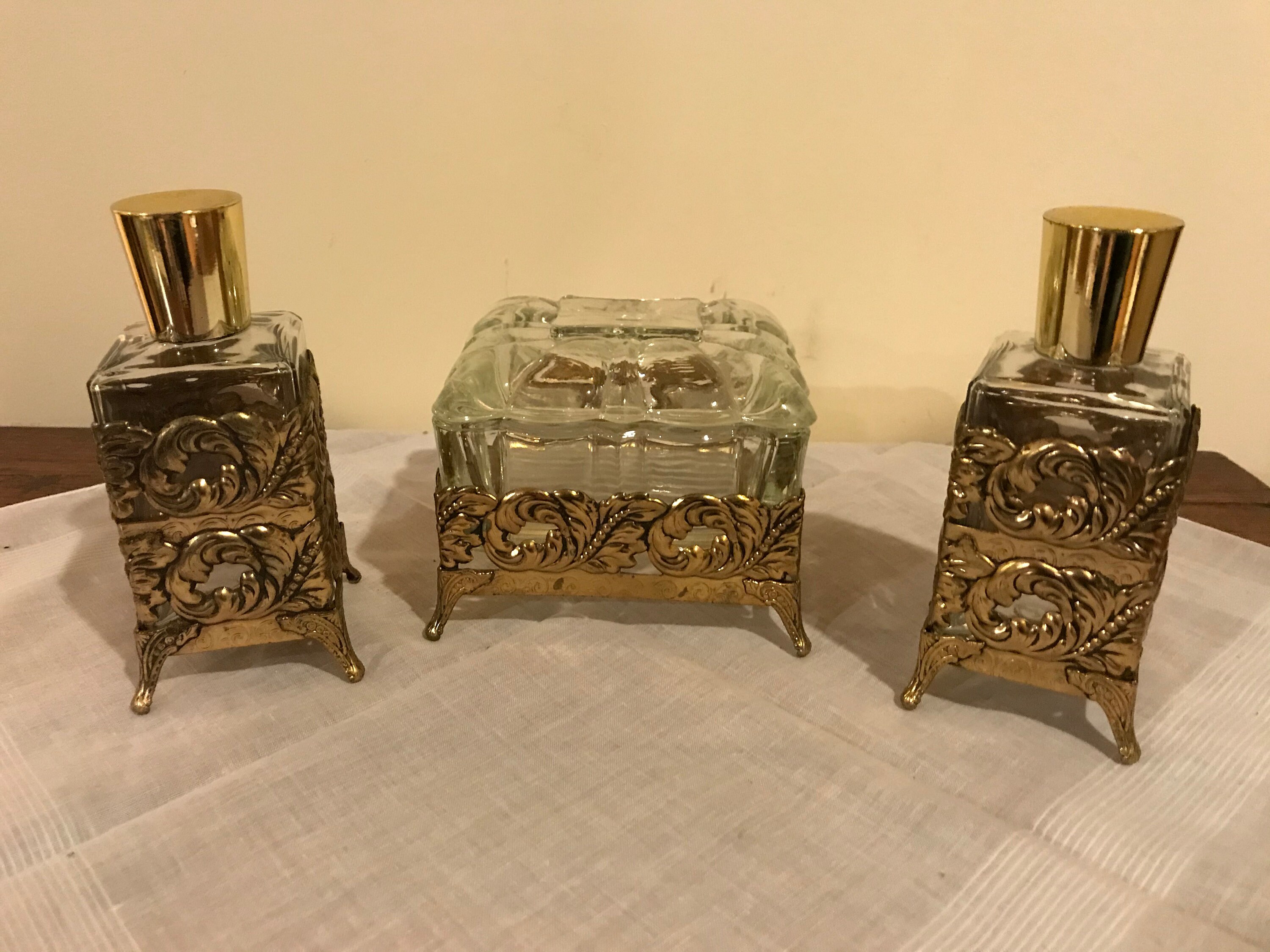 Vintage Glass and Gold Tone Metal Powder Box With Lid and | Etsy