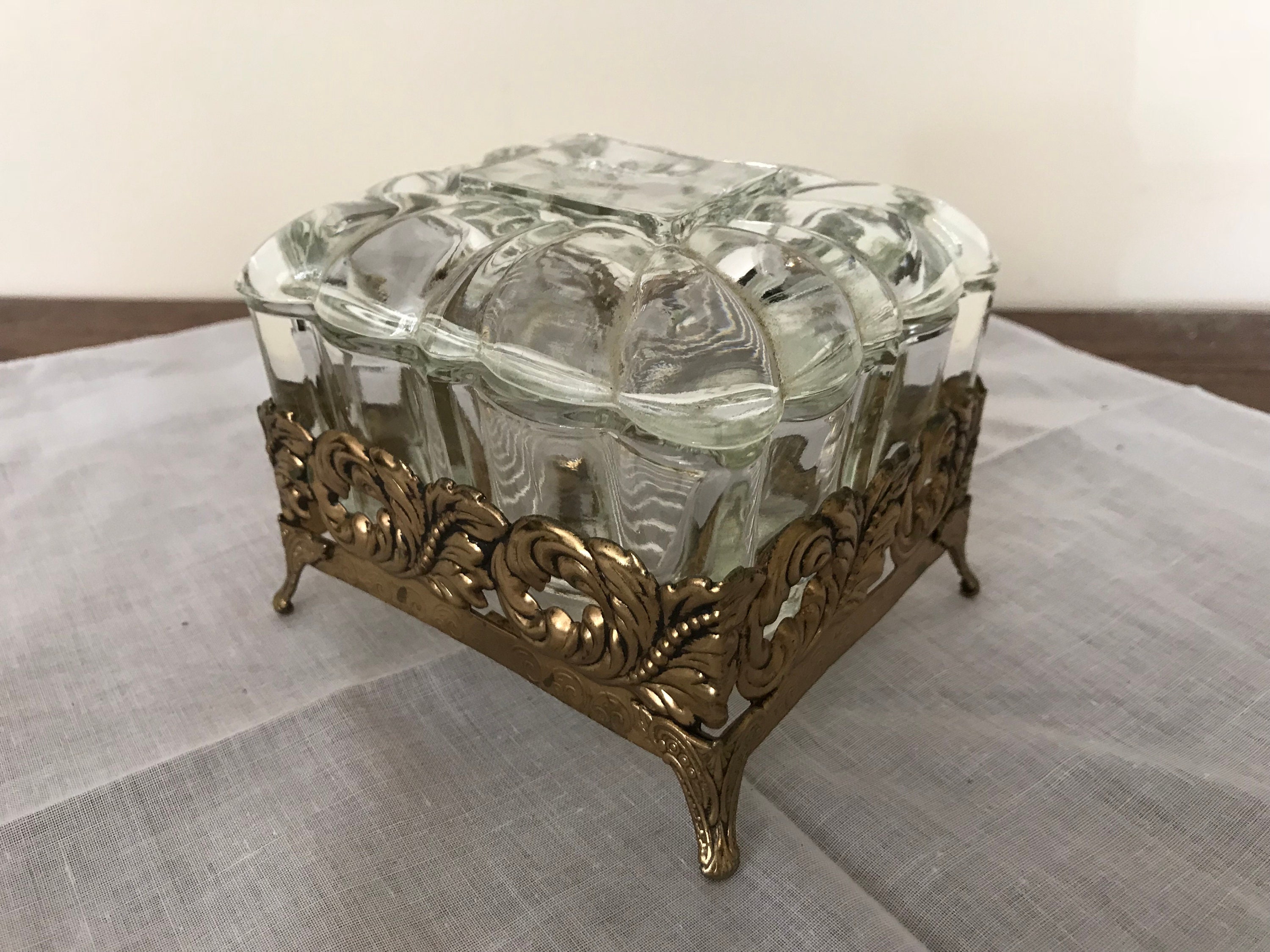 Vintage Glass and Gold Tone Metal Powder Box With Lid and - Etsy