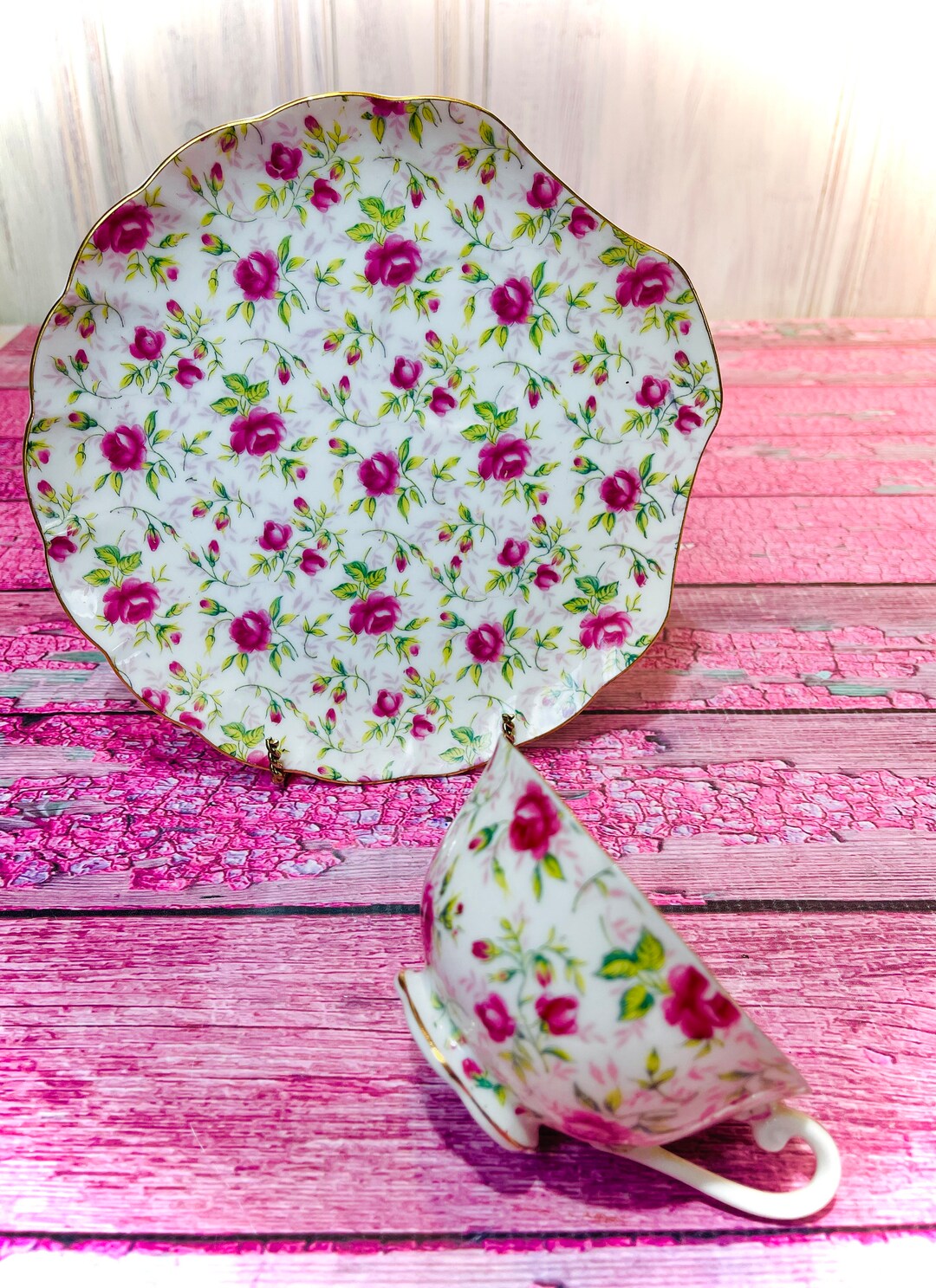 LEFTON Chintz Pink Rose Snack Plate and Cup - Etsy