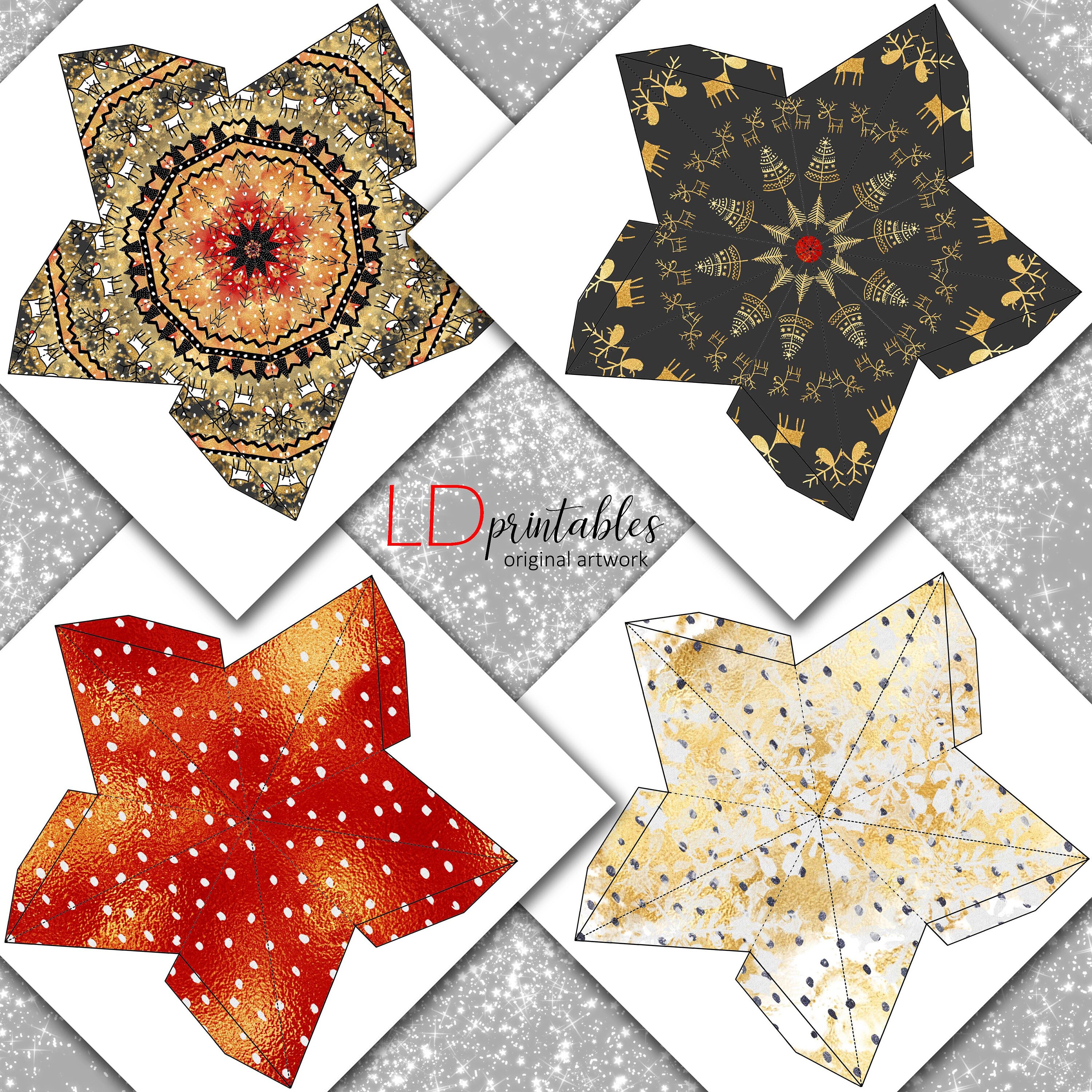 12 Christmas Stars 3D Printable Paper Ornaments, Foldable Winter ...