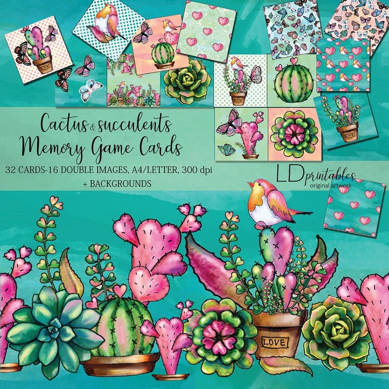 Cactus Memory Game Cards Succulent Memory Cards Printable - Etsy