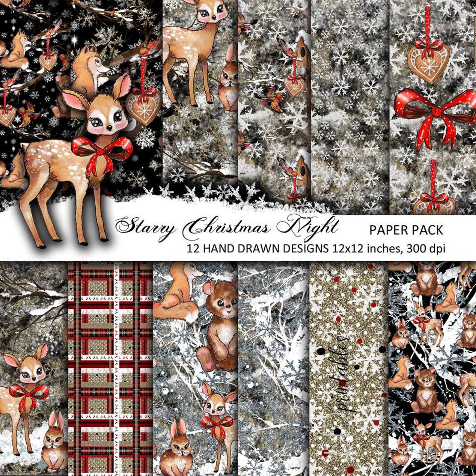 Starry Christmas Night Digital Paper Pack Winter Forest - Etsy