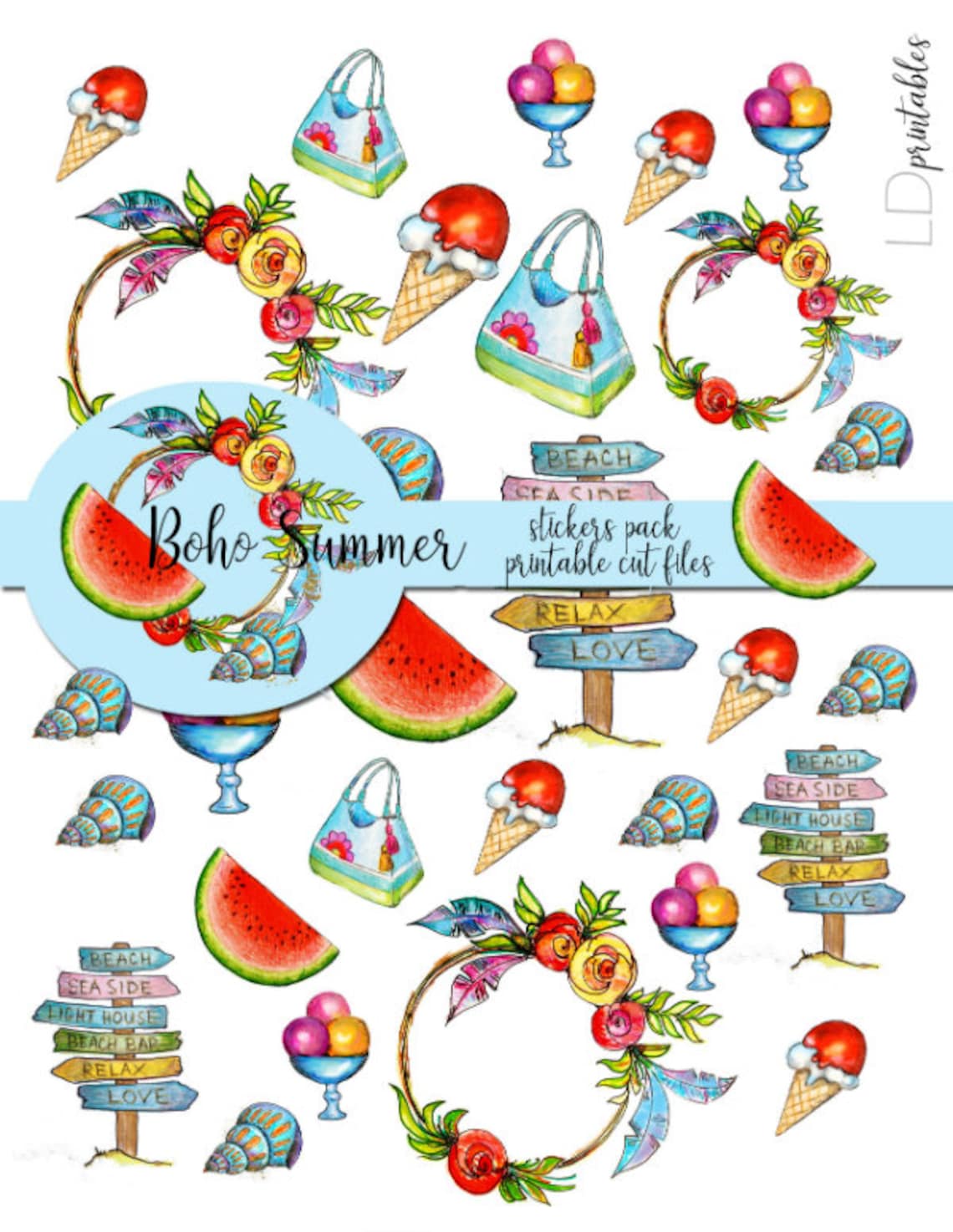 Boho Summer Printable Stickers, Summer Planner Stickers Pack, Beach ...