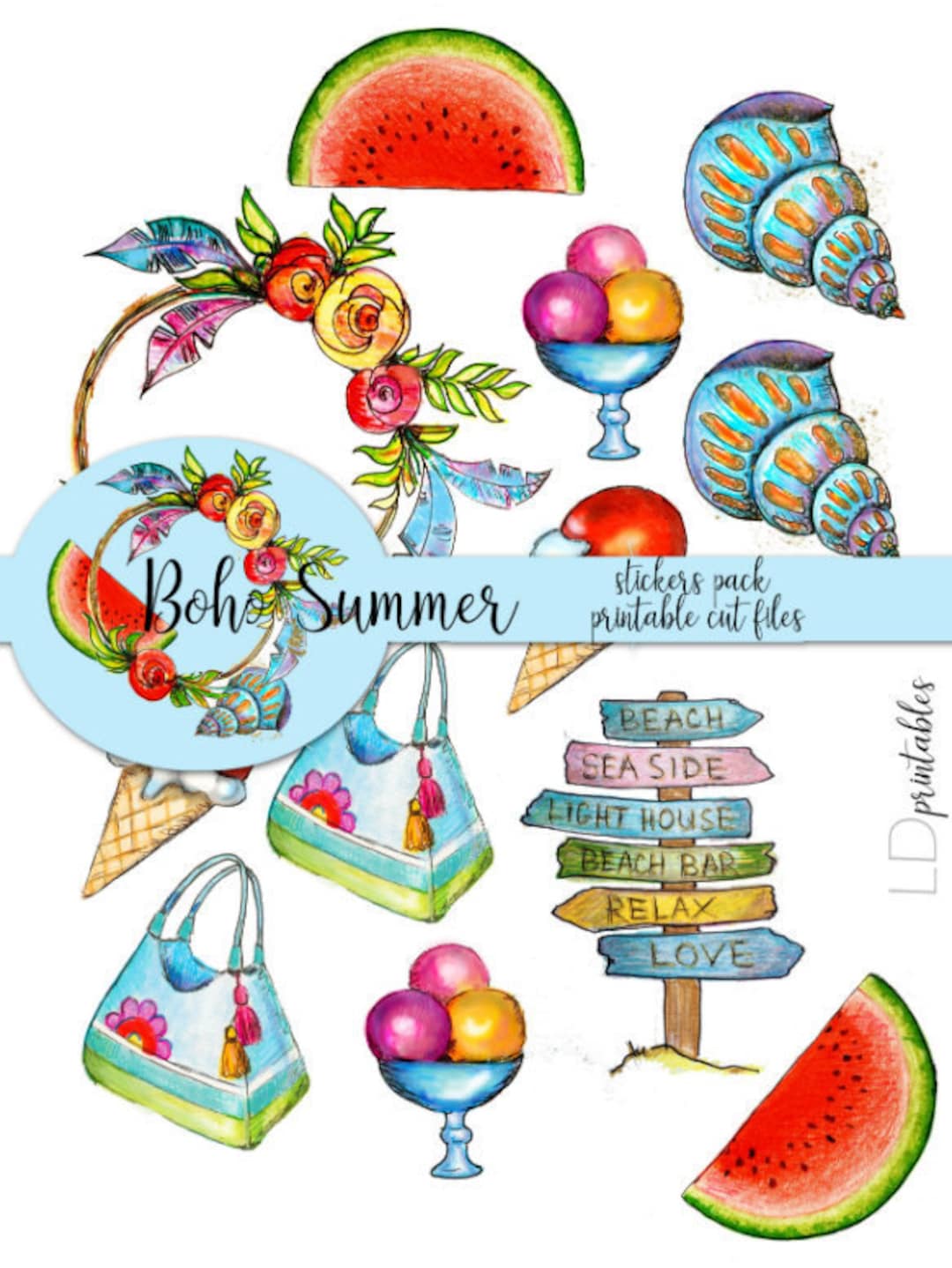 Boho Summer Printable Stickers, Summer Planner Stickers Pack, Beach ...