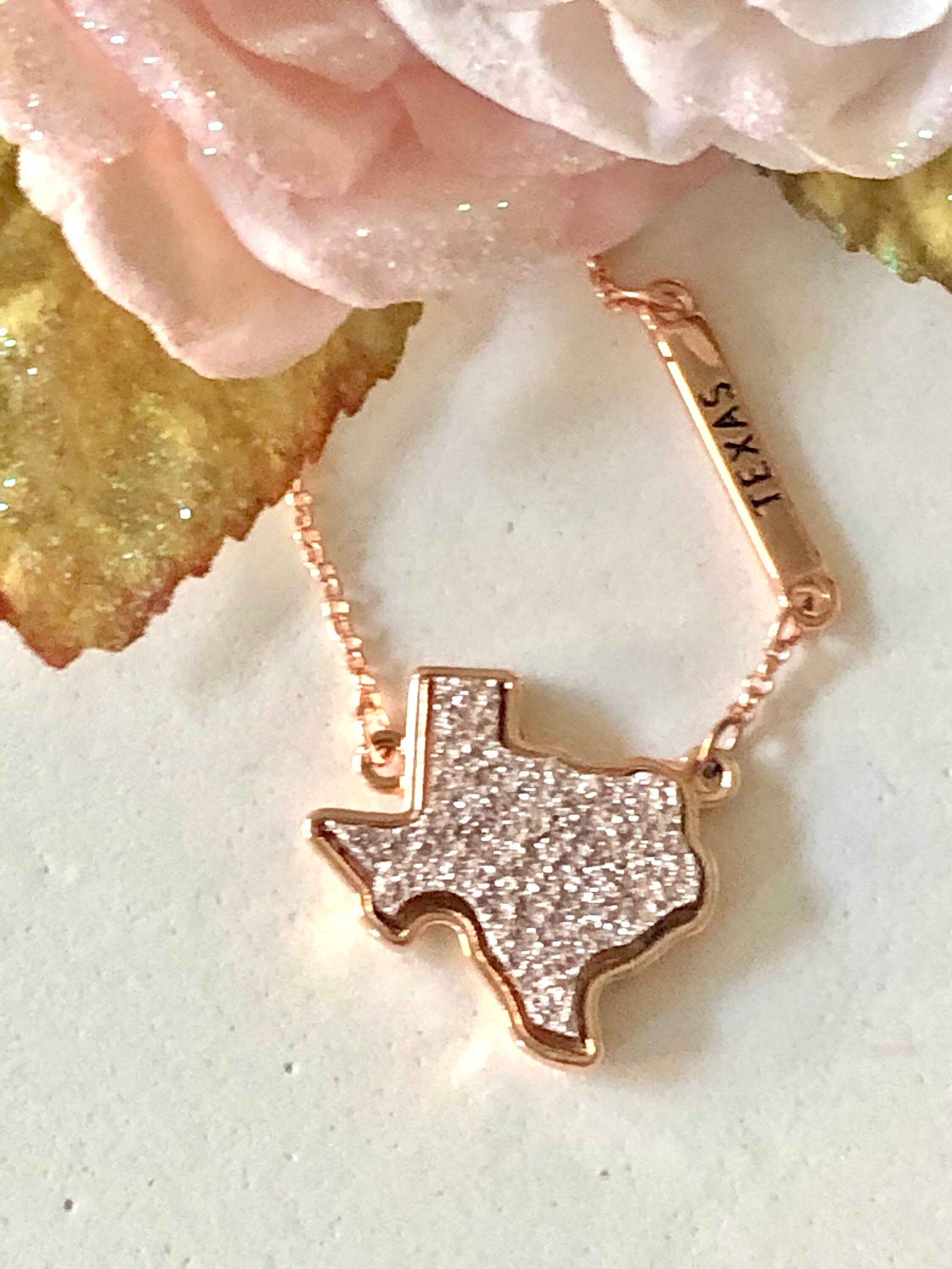 Rose Gold, Texas Druzy Necklace, Rose Gold Engraved Texas Bar, Texas ...