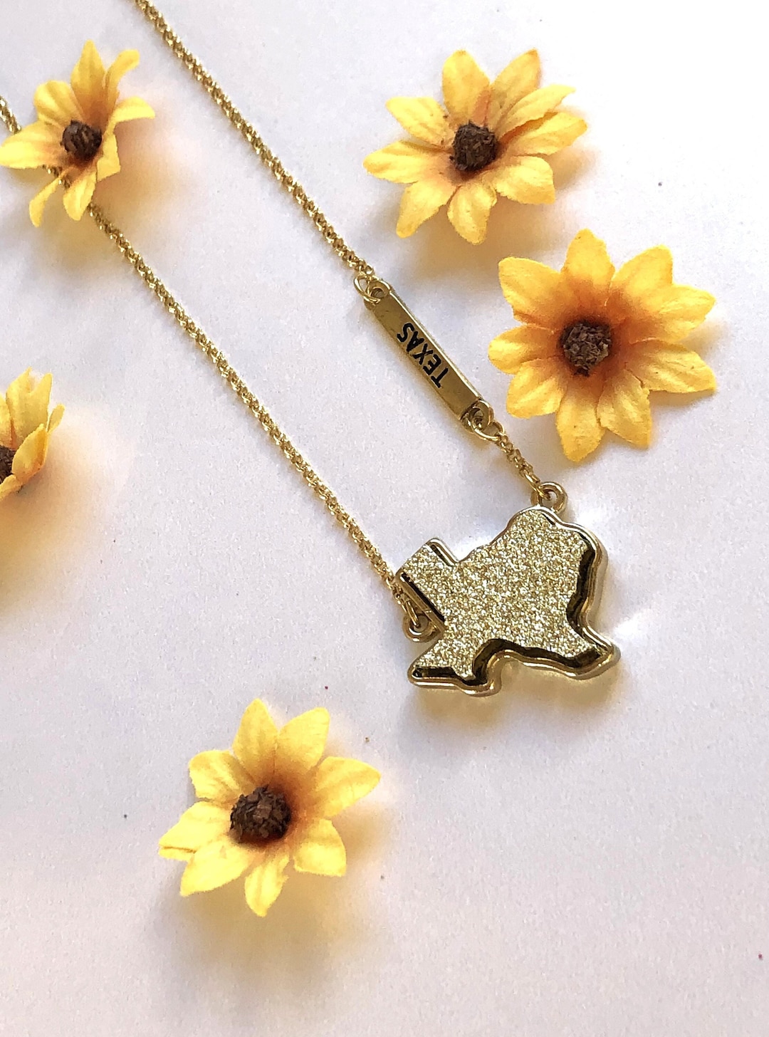 Druzy Gold With Gold Trim Texas State Shaped Necklace, Gold Engraved ...