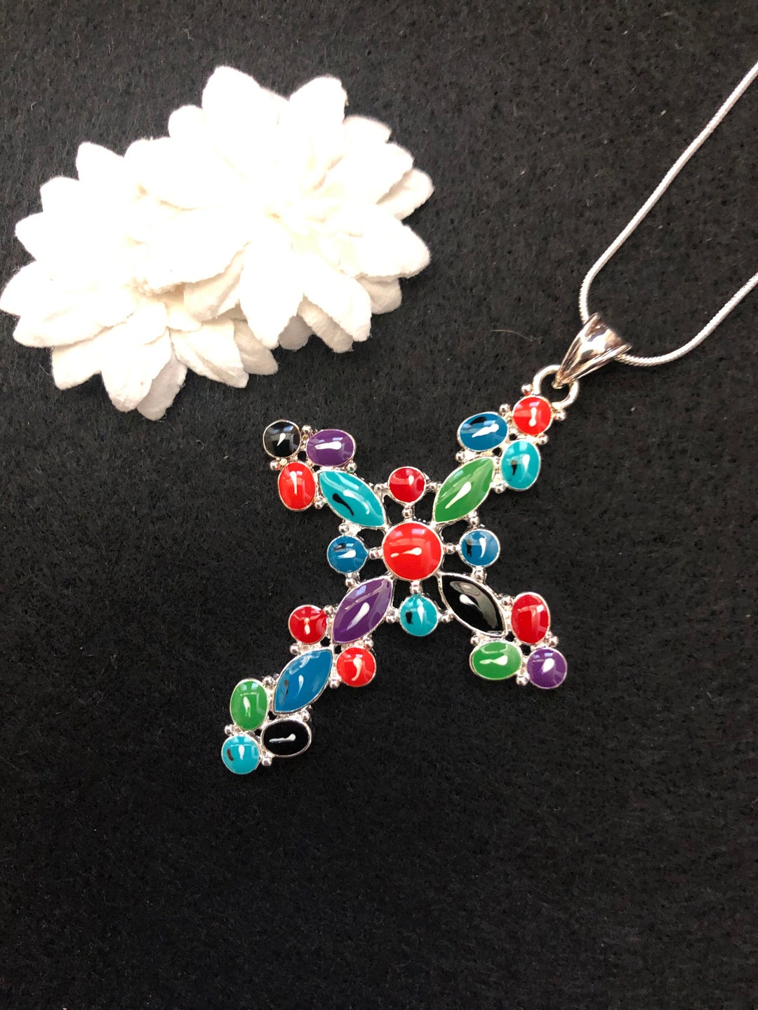 Multi Color, Cross Necklace, Large, Silver Accents, Cross Pendant ...