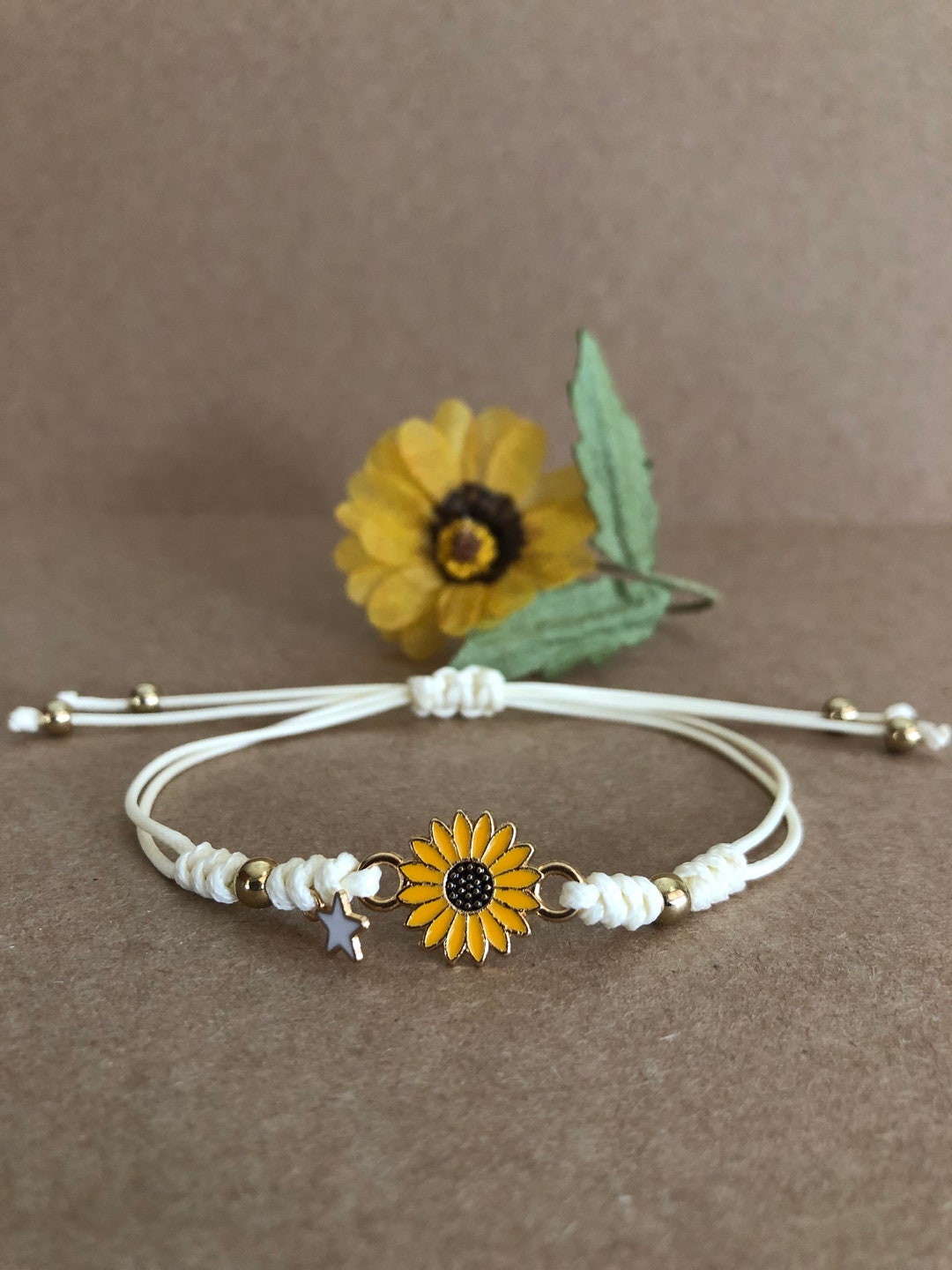 Sunflower Bracelet, Sunflower Friendship Charm, Off-white Wax Rope ...