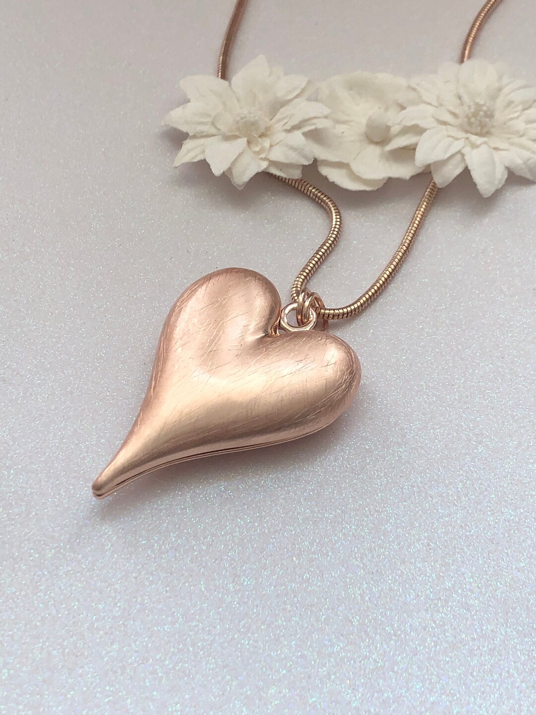 Puffy Large, Heart Necklace, Brushed Rose Gold Plated Heart Pendant ...