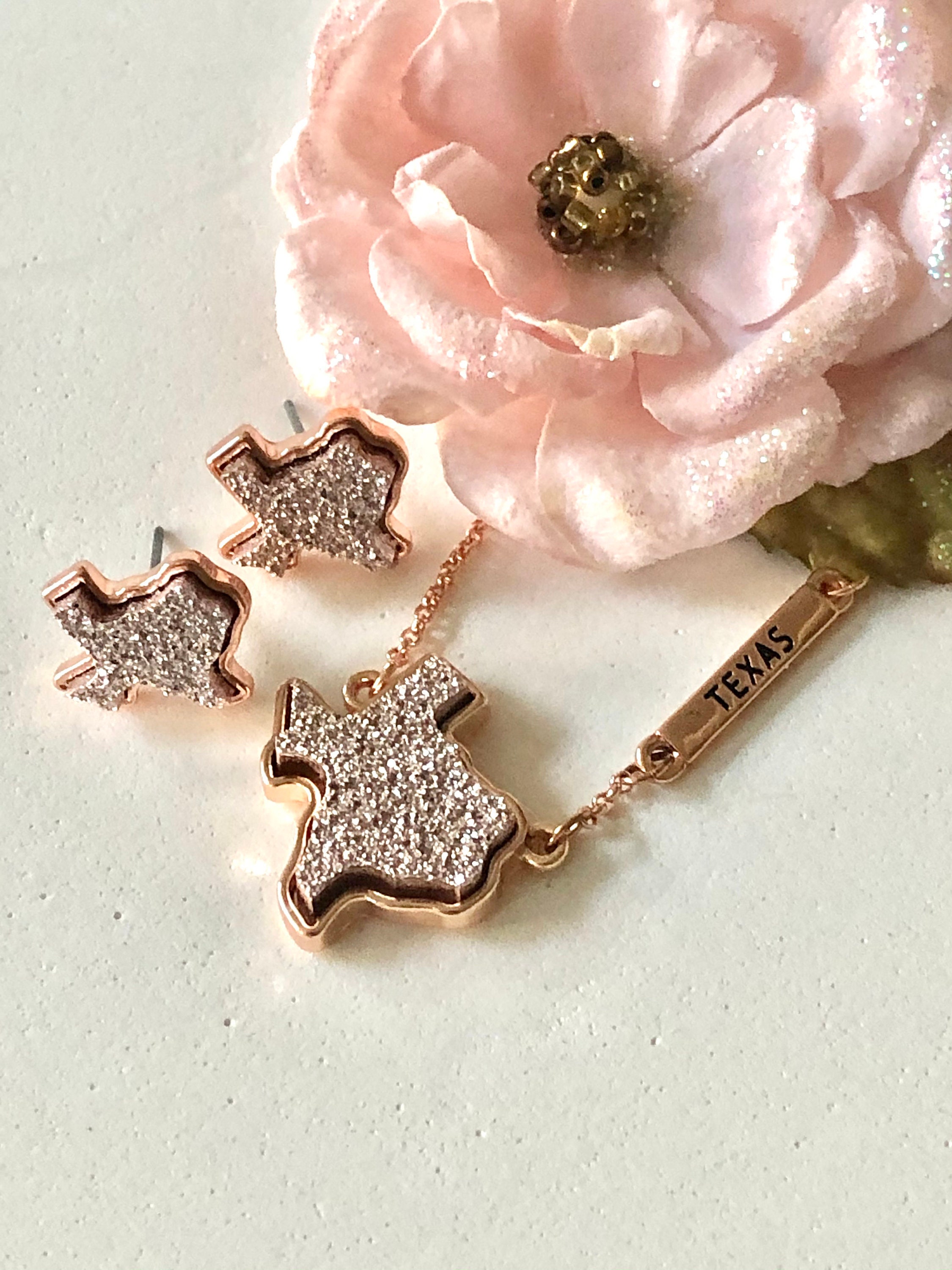 Duo, Rose Gold Texas Druzy Necklace + Earring Combo, Texas State ...