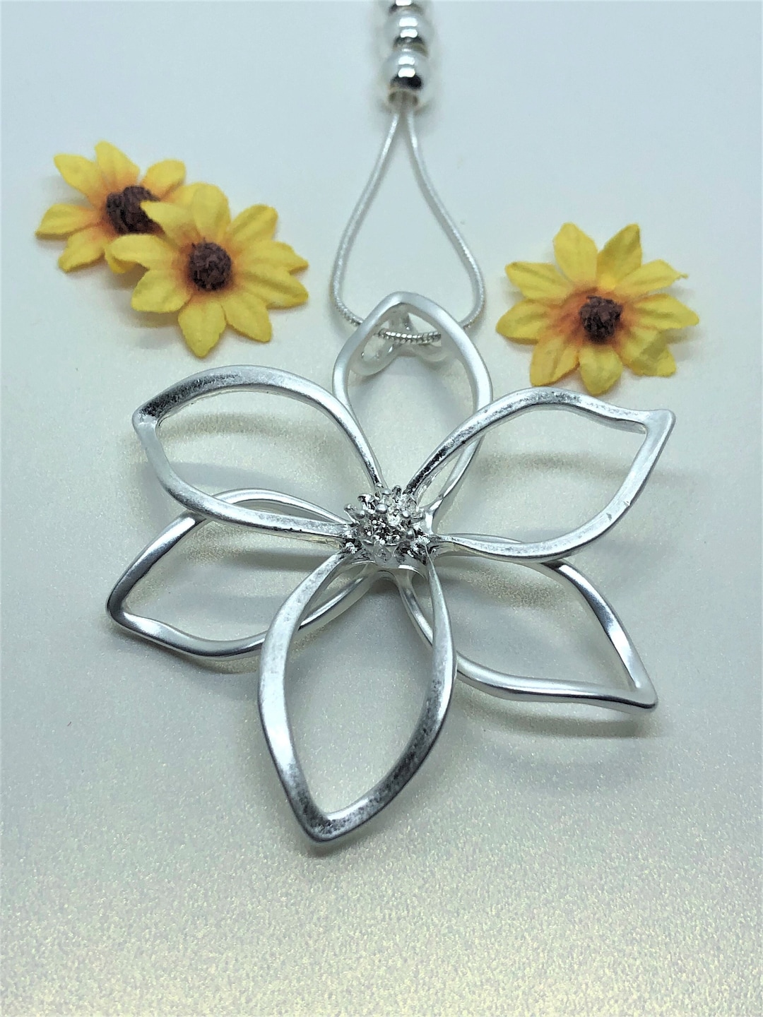 Flower Necklace, Silver , Large Flower Pendant, Satin Silver Finish ...