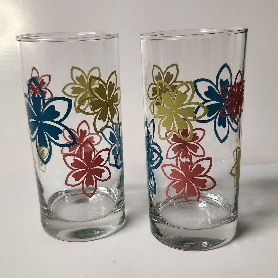Set of 2 Multi Color Hawaiian Orchids Drinking Glasses/tumblers, Mid ...
