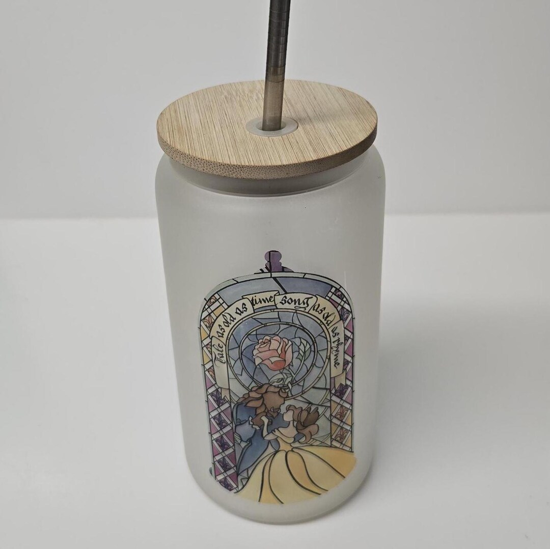 Beauty and the Beast Glass Can, Iced Coffee Cup W/ Lid & Straw, Disney ...