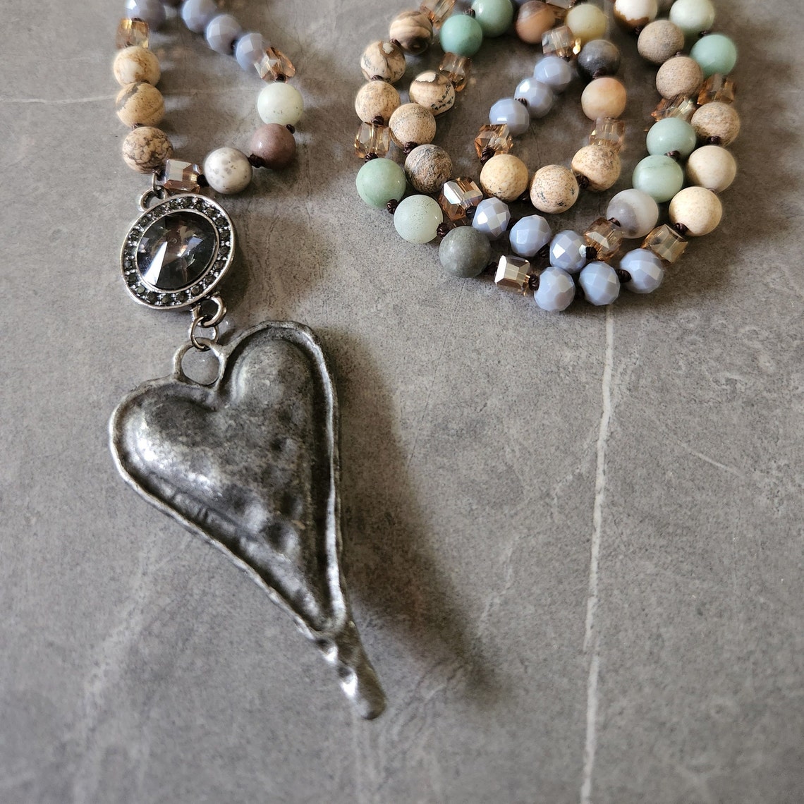 Stretched Heart in a Light Blue Semi Precious Stone Beads Necklace - Etsy