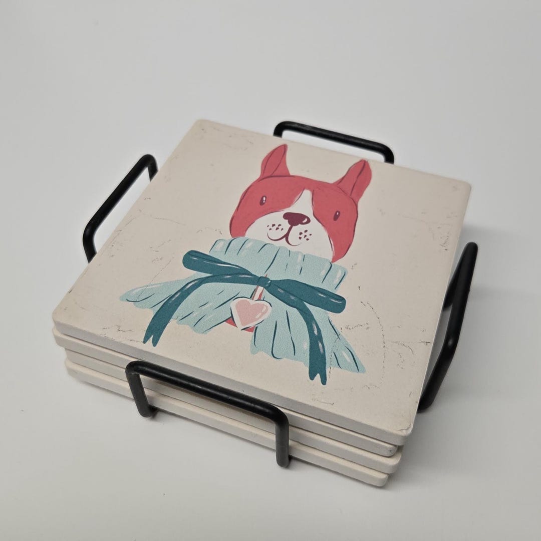 Set of 4 Ceramic Dog Coasters With Metal Holder | Illustrated Dog ...