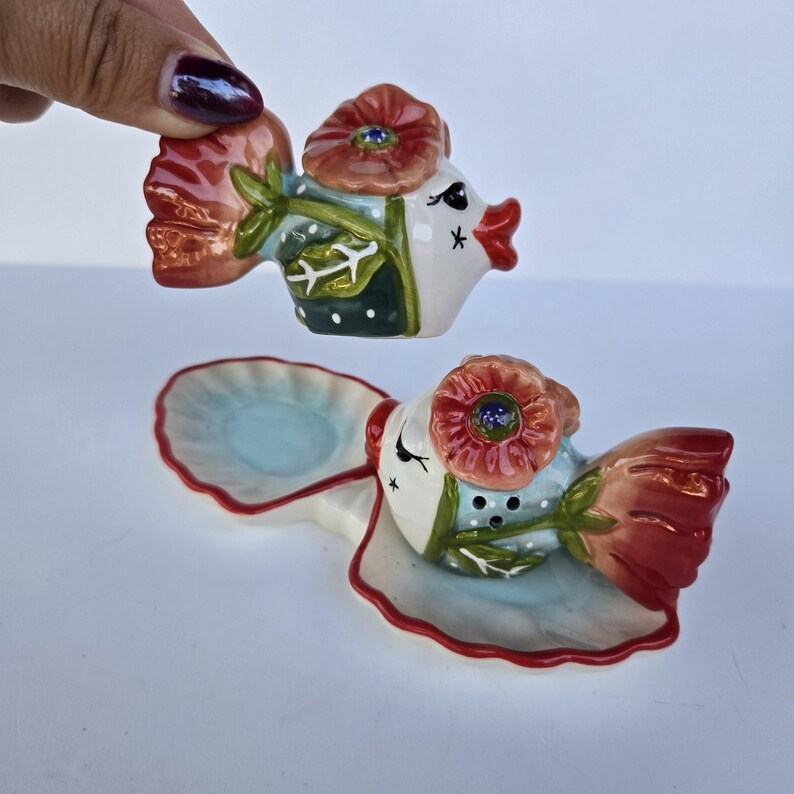 Tiny Kissy Fish Ceramic Salt and Pepper Set of Shakers With Tray - Etsy