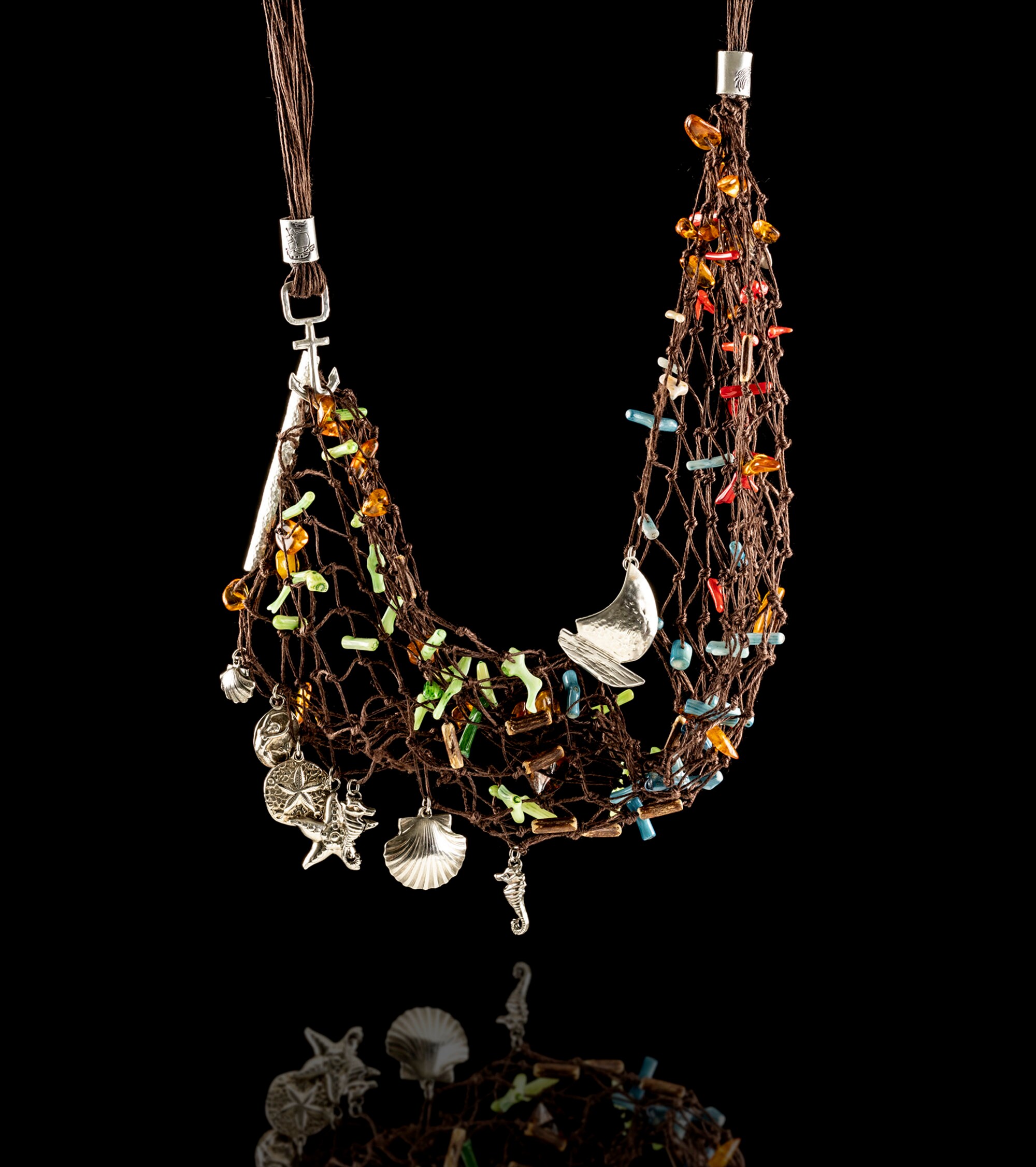 The Deep Sea Knotted Net Necklace With Sterling Silver Pendants, Amber ...