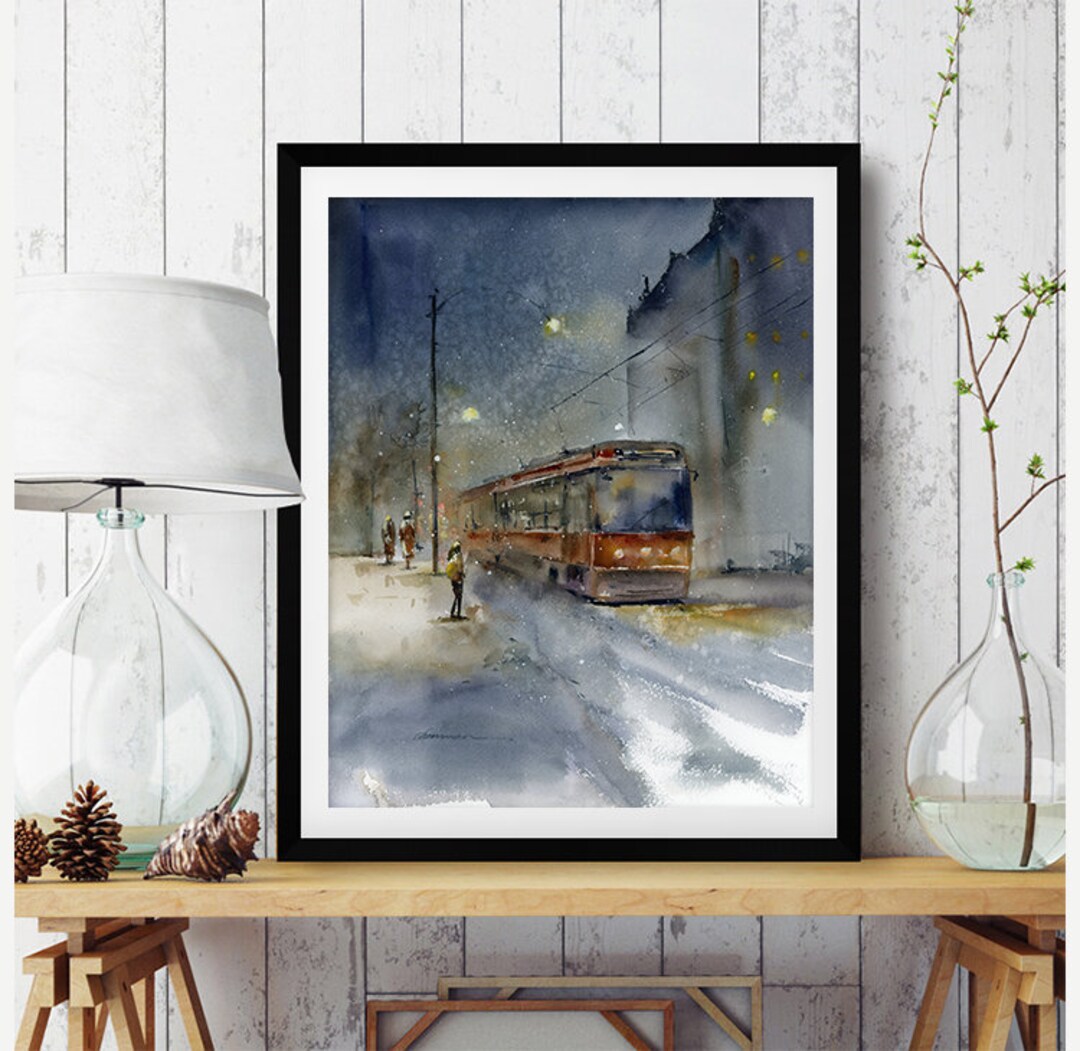 Cityscape Painting Art Print, Streetcar Watercolor Painting, Toronto ...