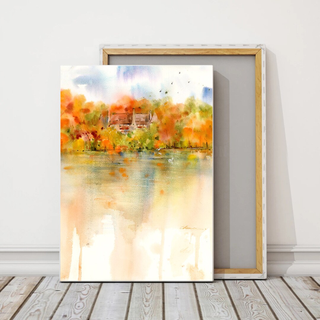 Watercolor Autumn Lake Landscape Art Print: Eaton Hall Painting - Etsy