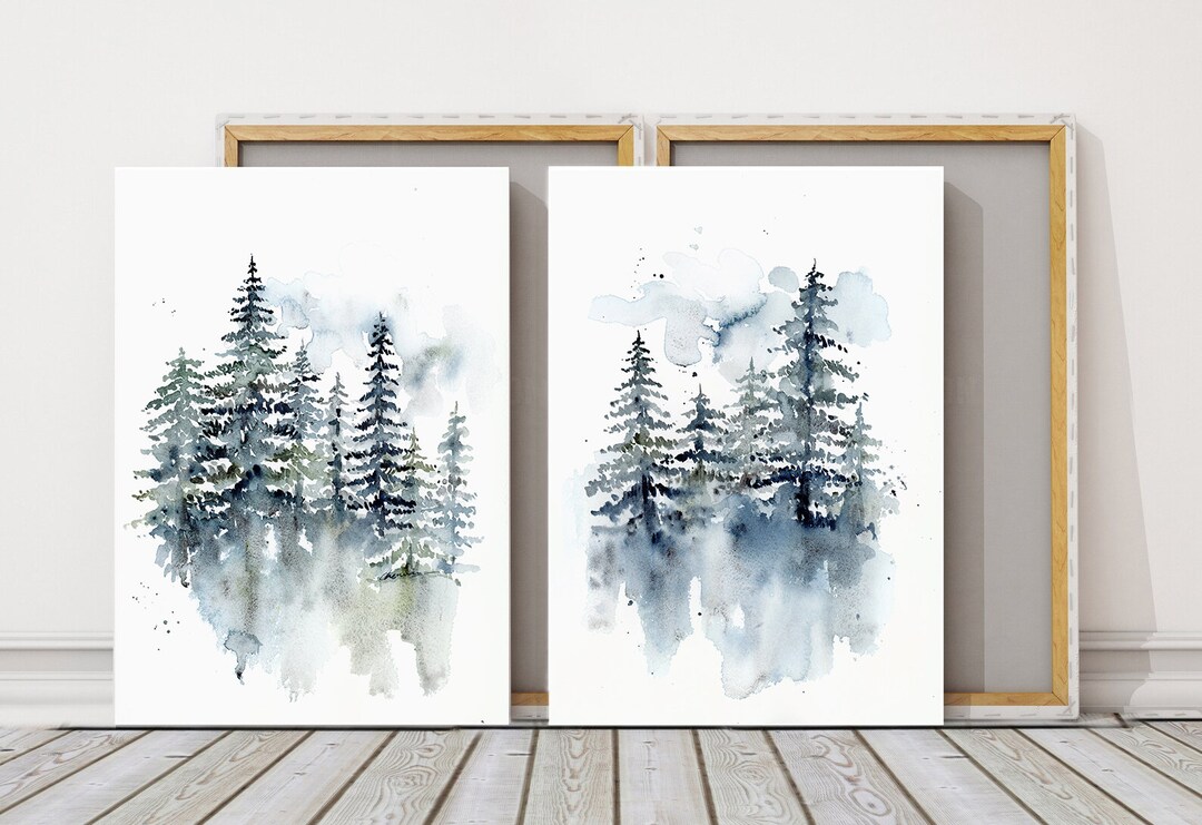 Pine Tree Watercolor Painting Art Print Set: Neutral Forest Wall Decor ...