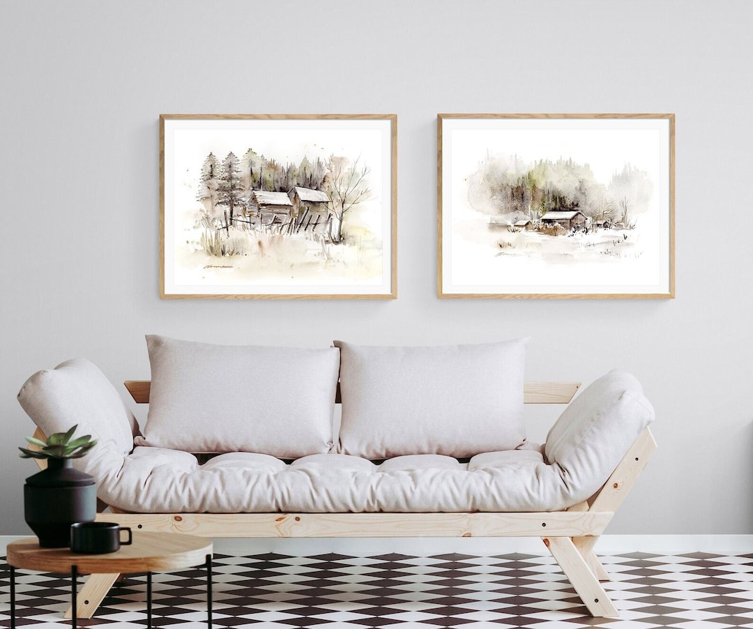 Set of 2 Canvas Wall Art Landscape Art Print From Original Watercolor Painting, Farmhouse Fine ...