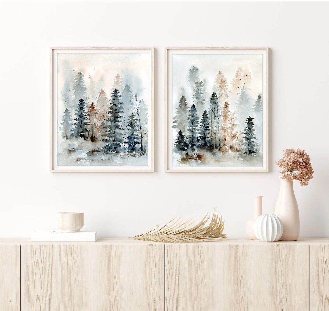 Pine Tree Watercolor Art Print Set: Forest Nature Wall Decor - Etsy
