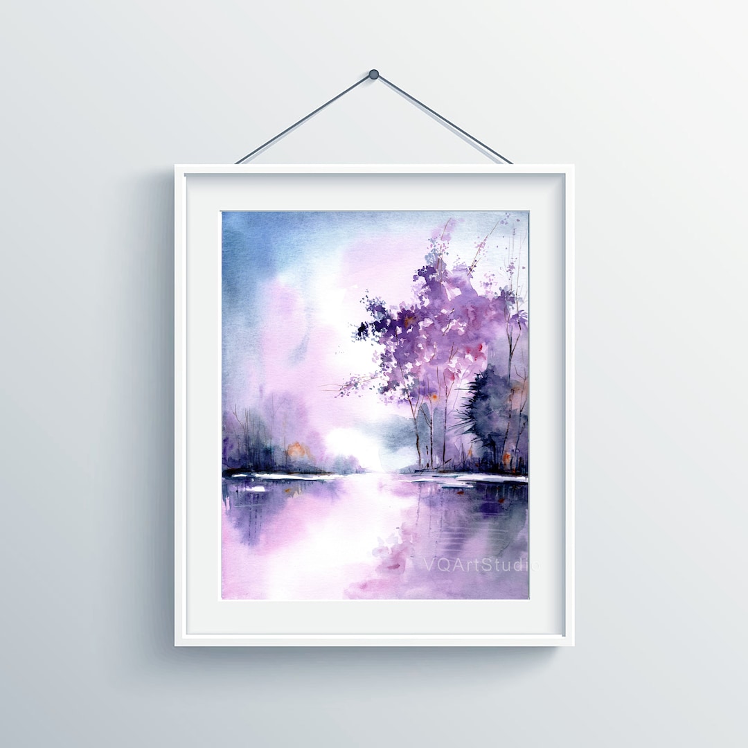 Abstract Landscape Fine Art Print, Trees Watercolor Painting, Purple ...