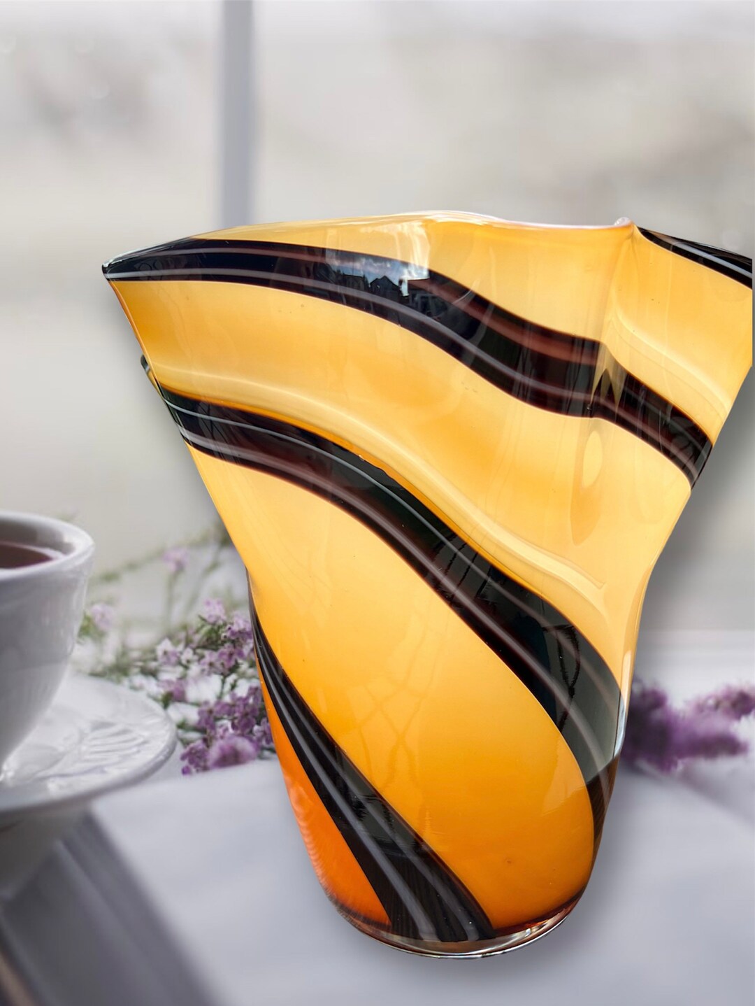 Handblown Glass Vintage Swirl Vase, Caramel and Black Swirl Glass ...