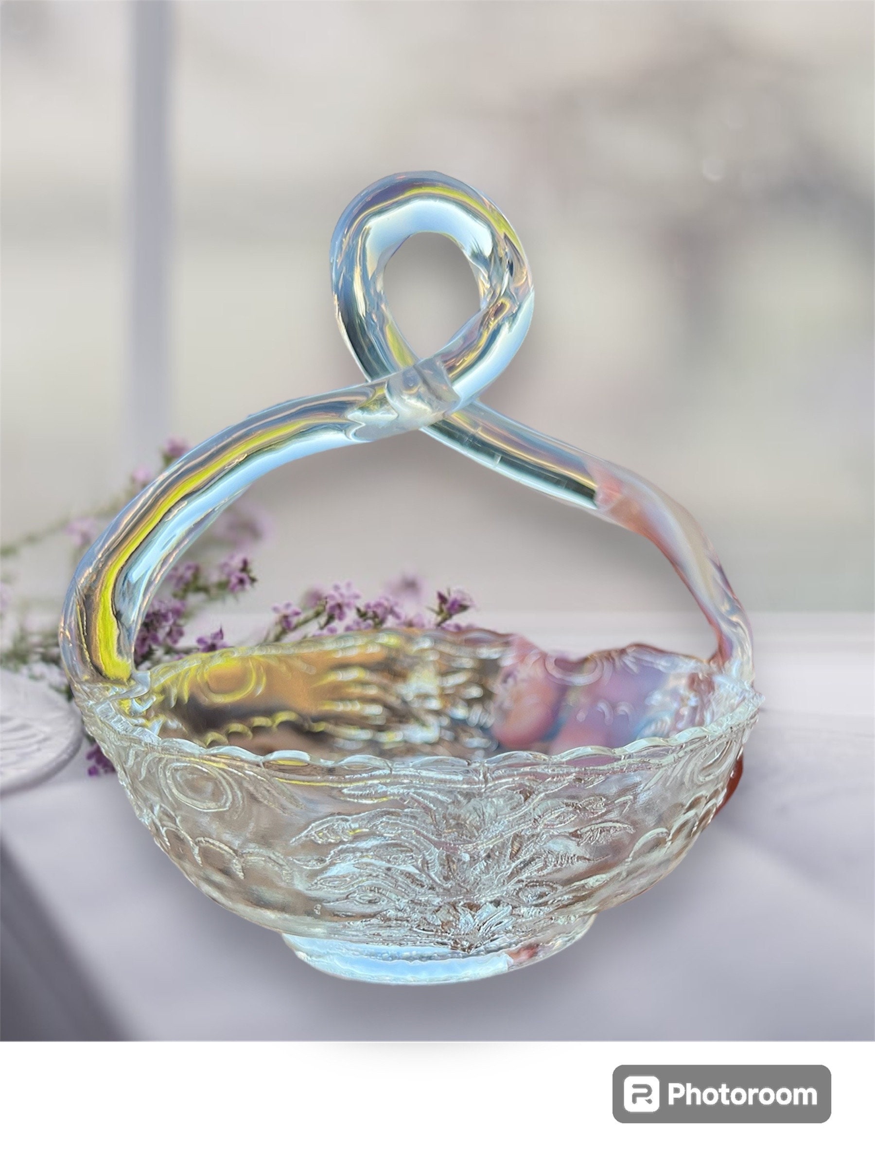 Jefferson Glass, Old Man Winter Basket Bowl, Opalescent Handle, Loop ...