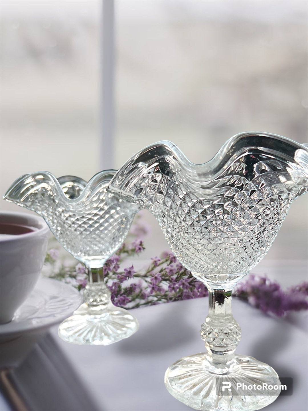 Set of 2 Vintage Jeannette Glass Diamond Point Pedestal Compotes ...