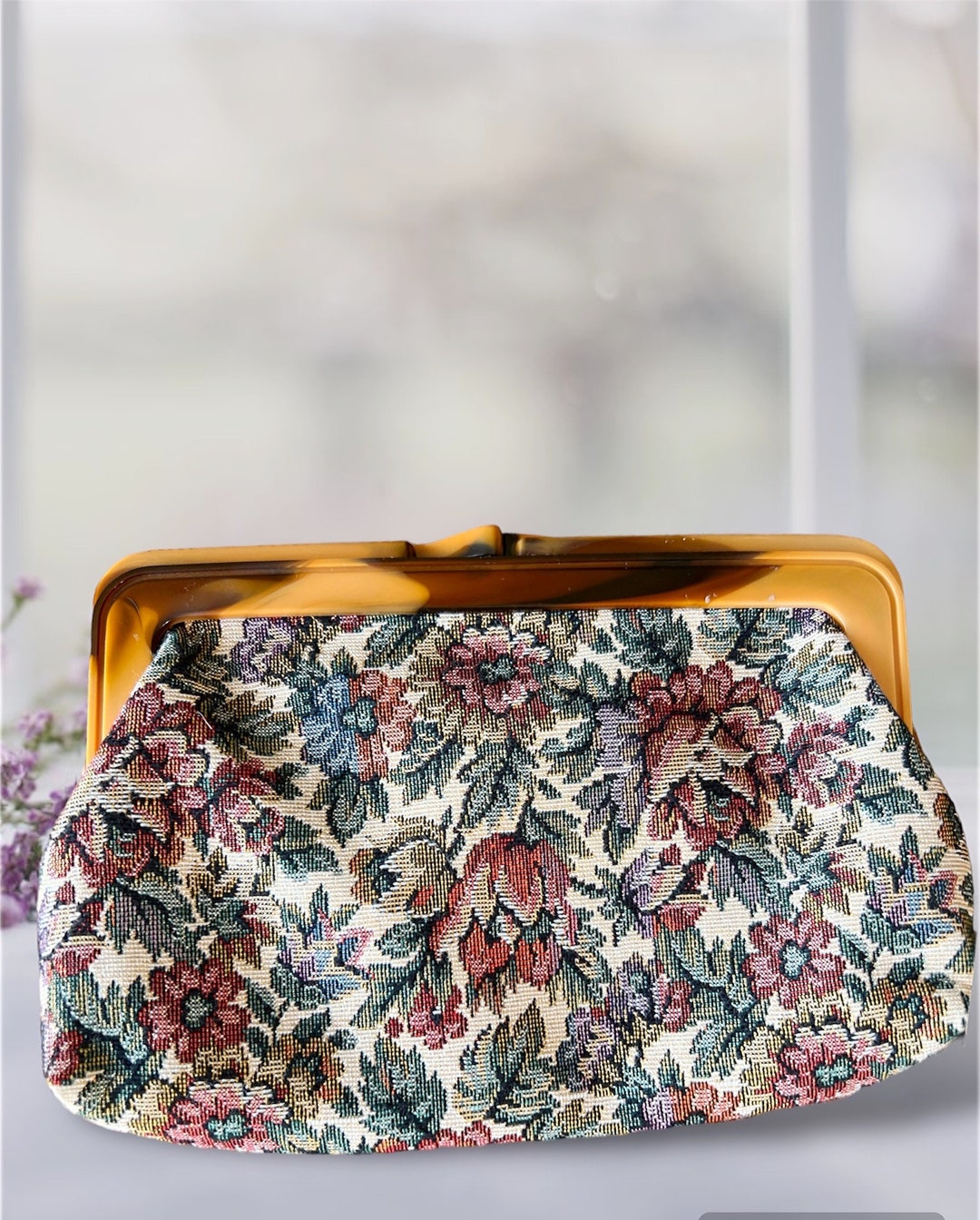 Vintage Tapestry Purse, Vintage Clutch, Lucite Frame Tortoise Shell ...
