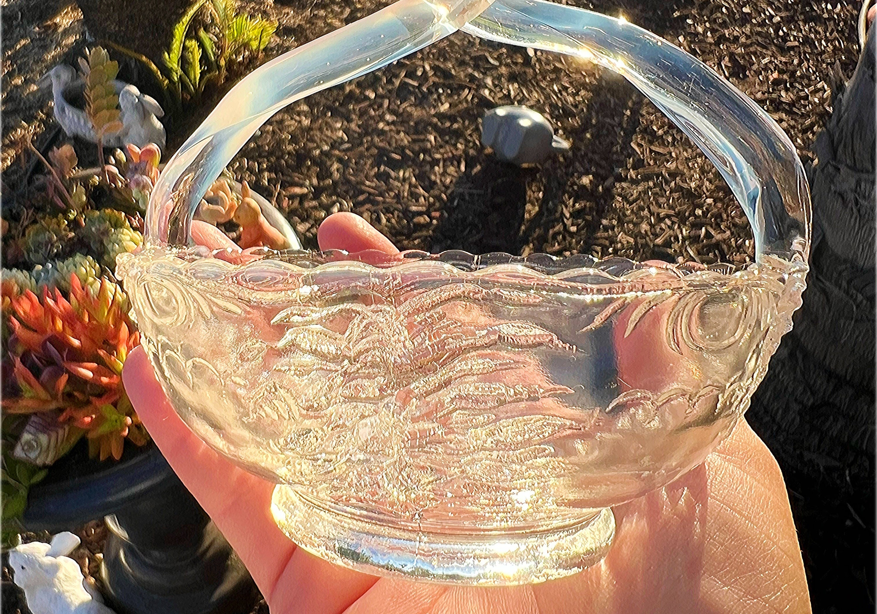 Jefferson Glass, Old Man Winter Basket Bowl, Opalescent Handle, Loop ...