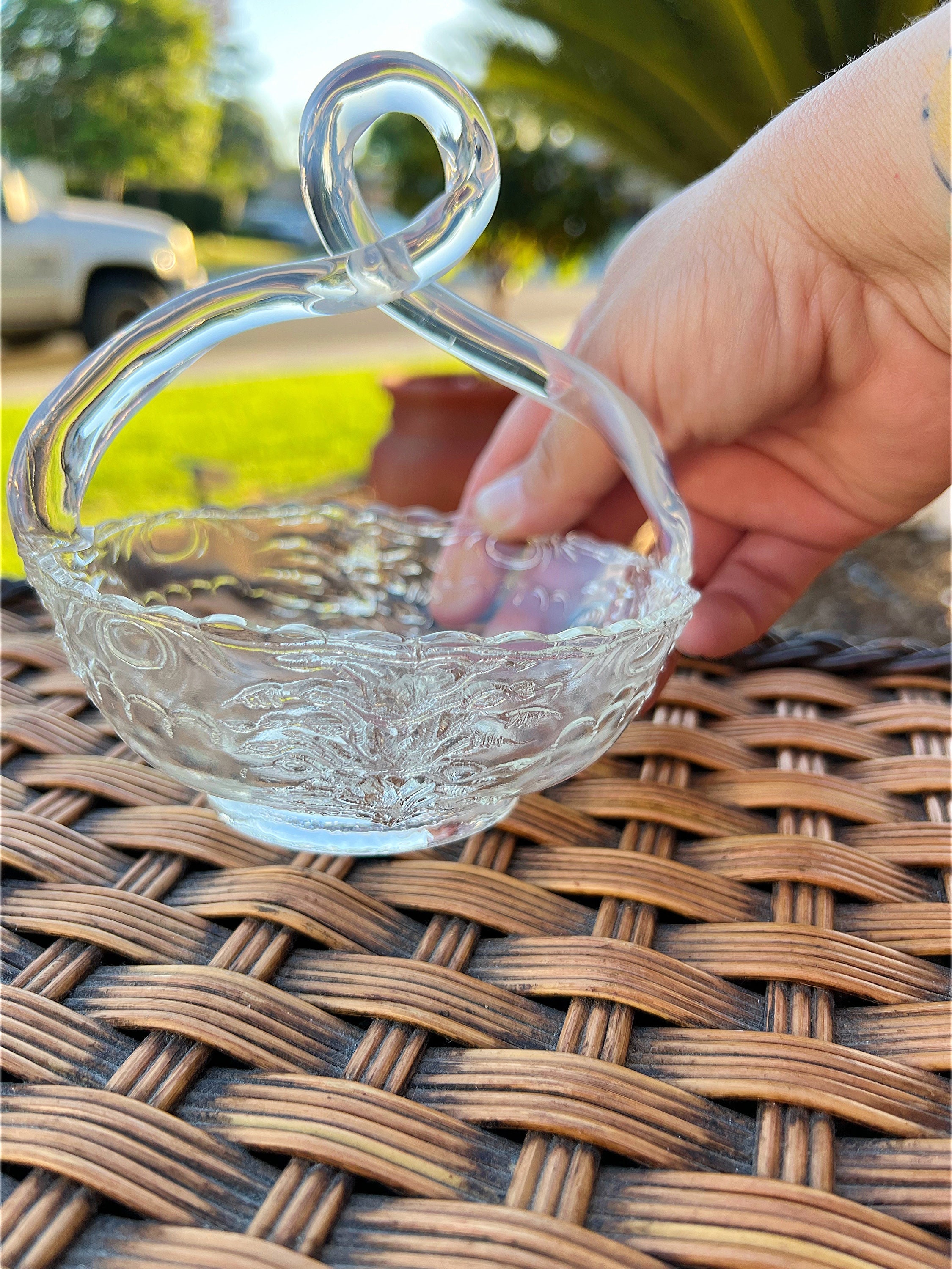 Jefferson Glass, Old Man Winter Basket Bowl, Opalescent Handle, Loop ...