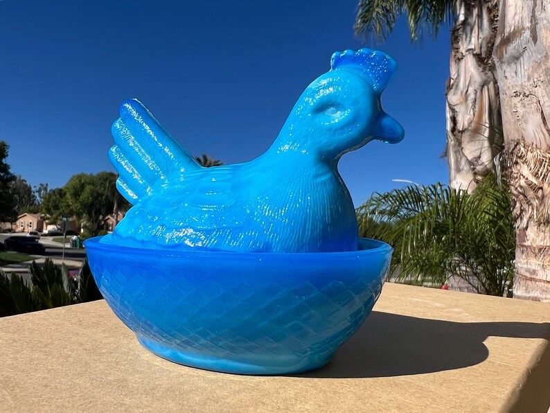 Vintage Blue Glass Nesting Hen, 1950s Blue Milk Glass Hen, Vintage ...