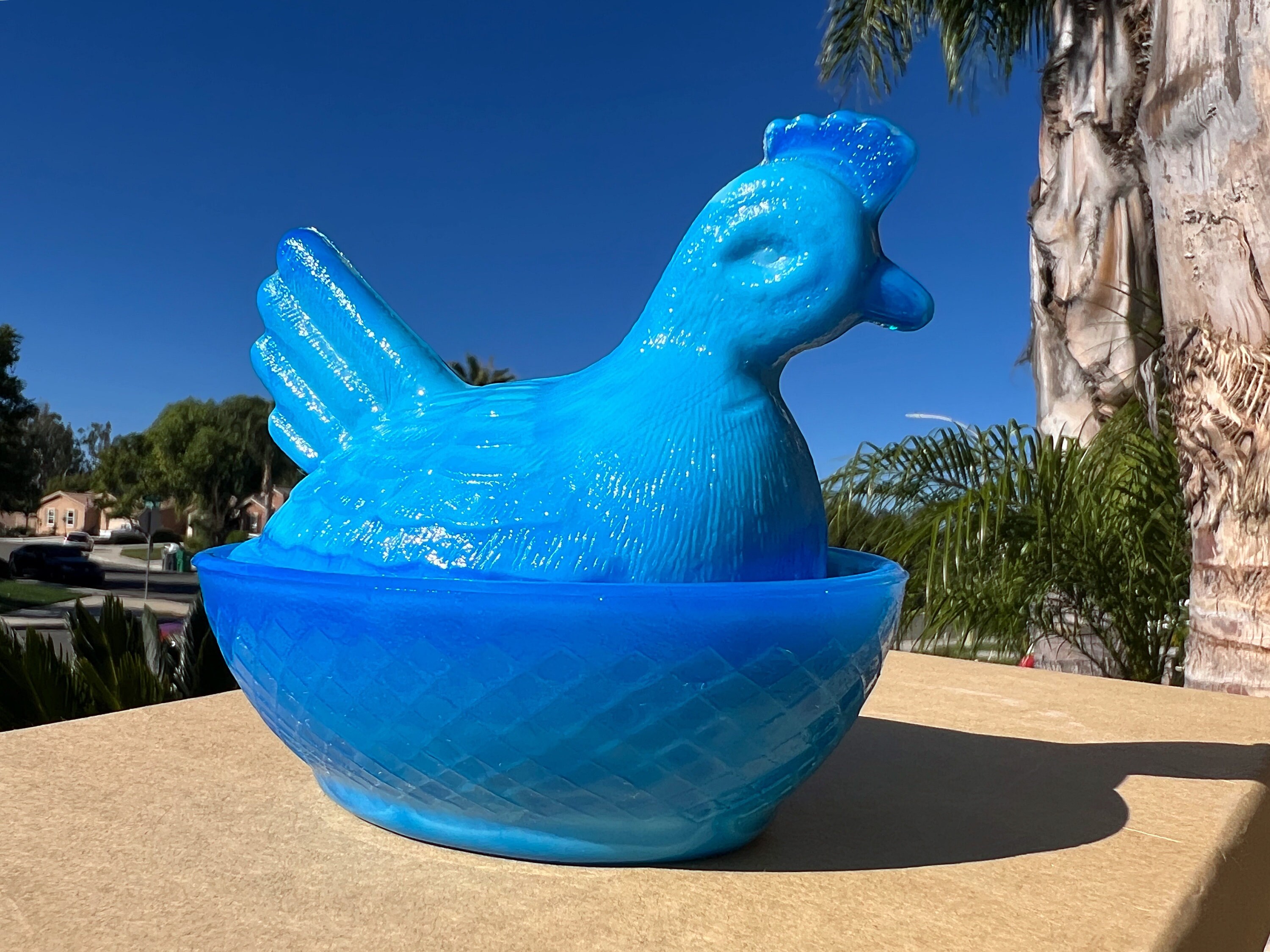 Vintage Blue Glass Nesting Hen, 1950s Blue Milk Glass Hen, Vintage ...