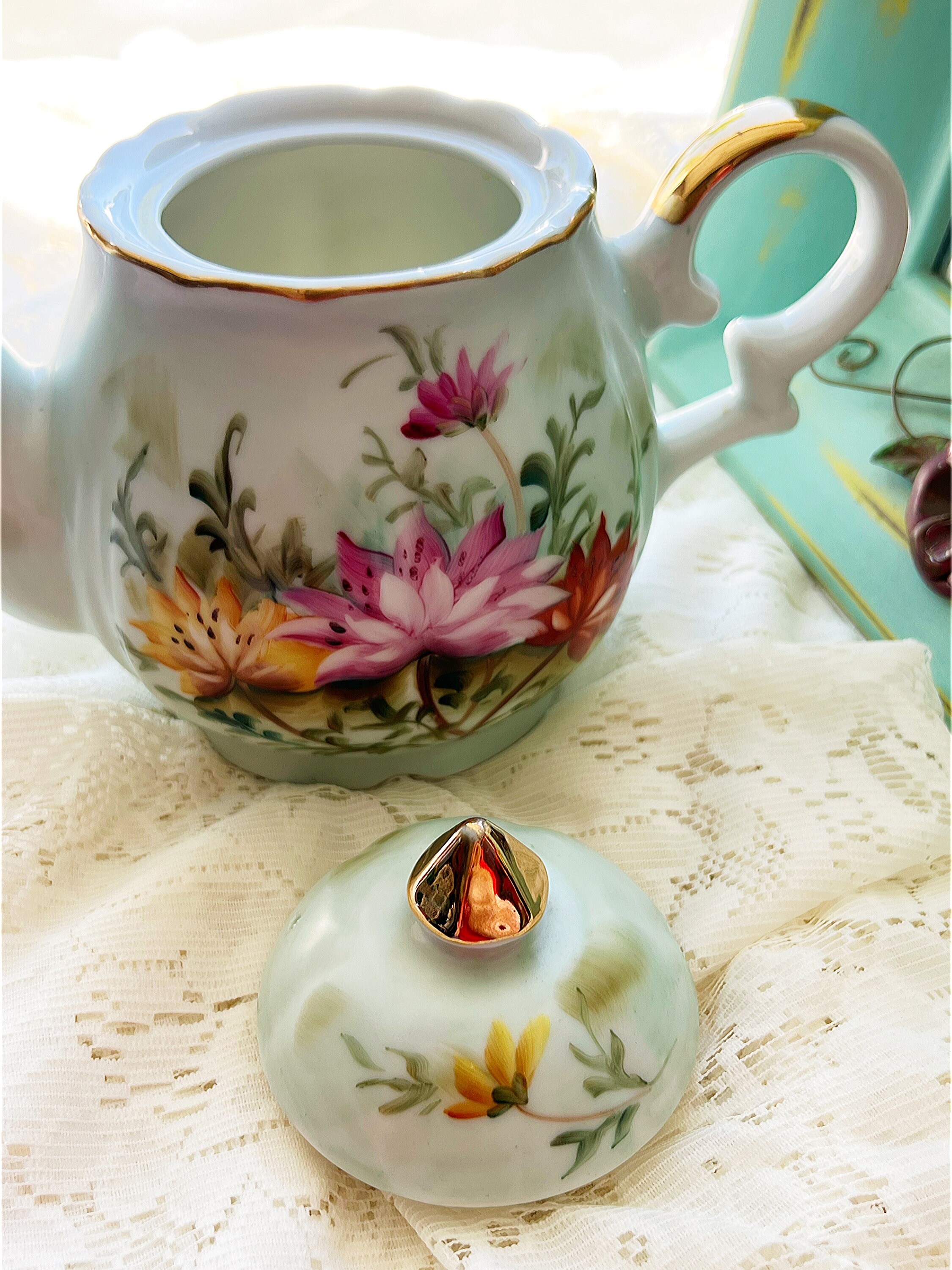 Vintage Lefton Musical Teapot, Handpainted Floral Lefton Teapot , Rare ...