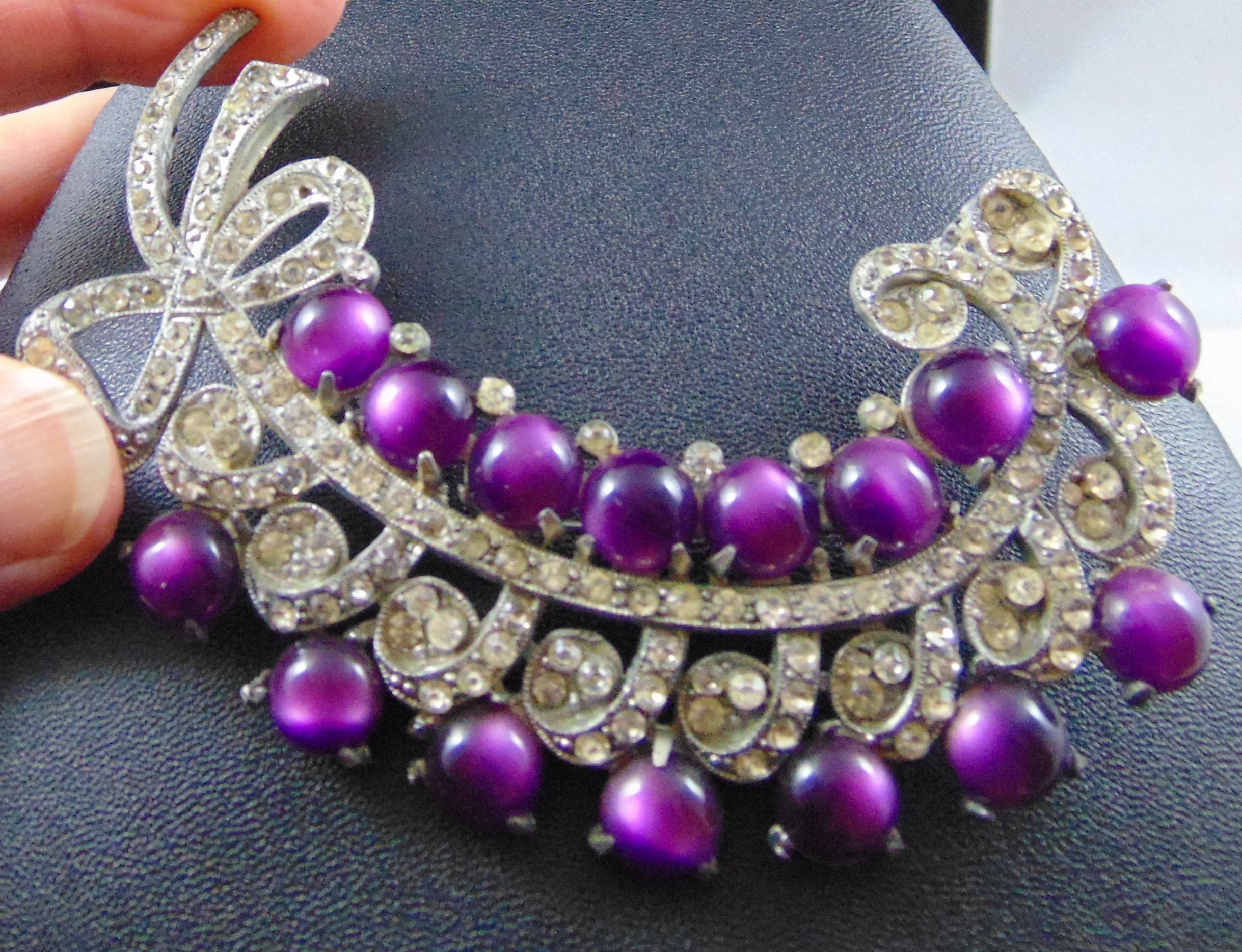 Large Vintage Unsigned Dark Purple Faux Moonstone/moonglow and Clear ...