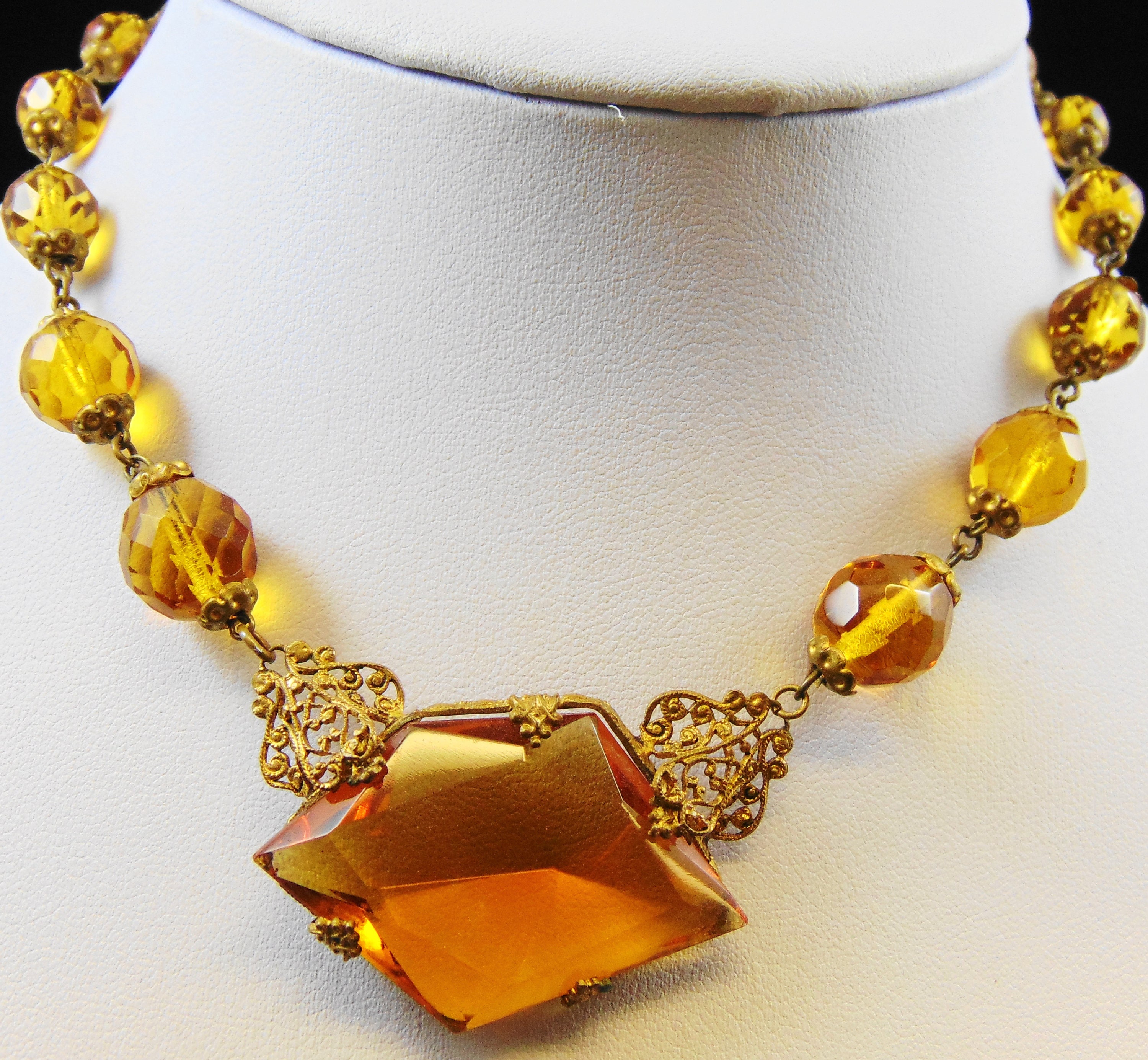 Topaz Glass Czech Cut Bead and Unfoiled Glass Stone Necklace - Etsy