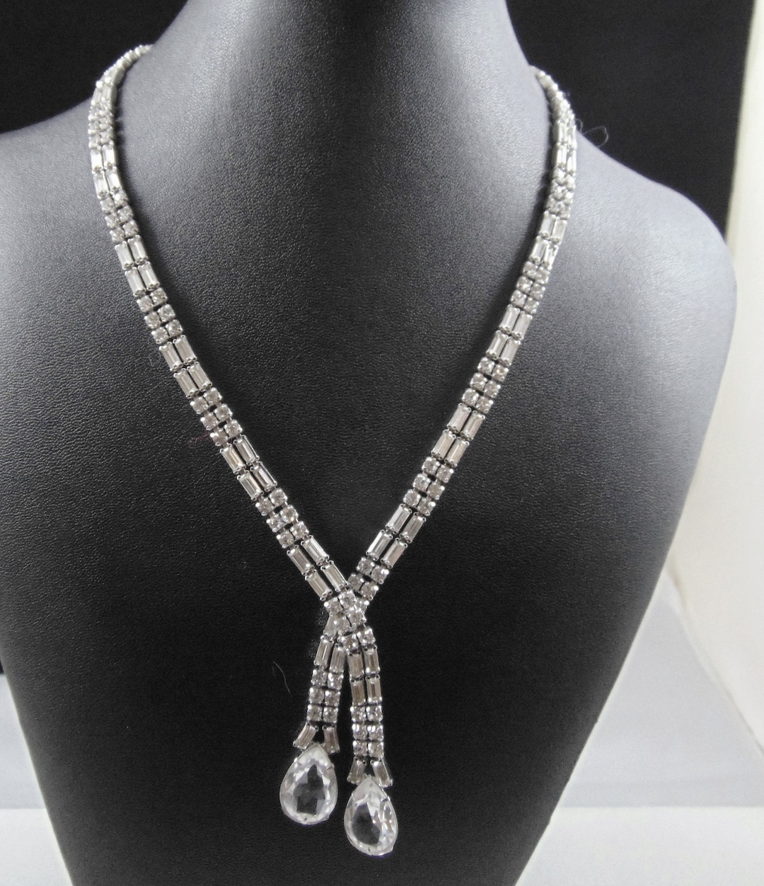 Vintage Signed Castlecliff Clear Rhinestone Necklace With Unfoiled Pear ...