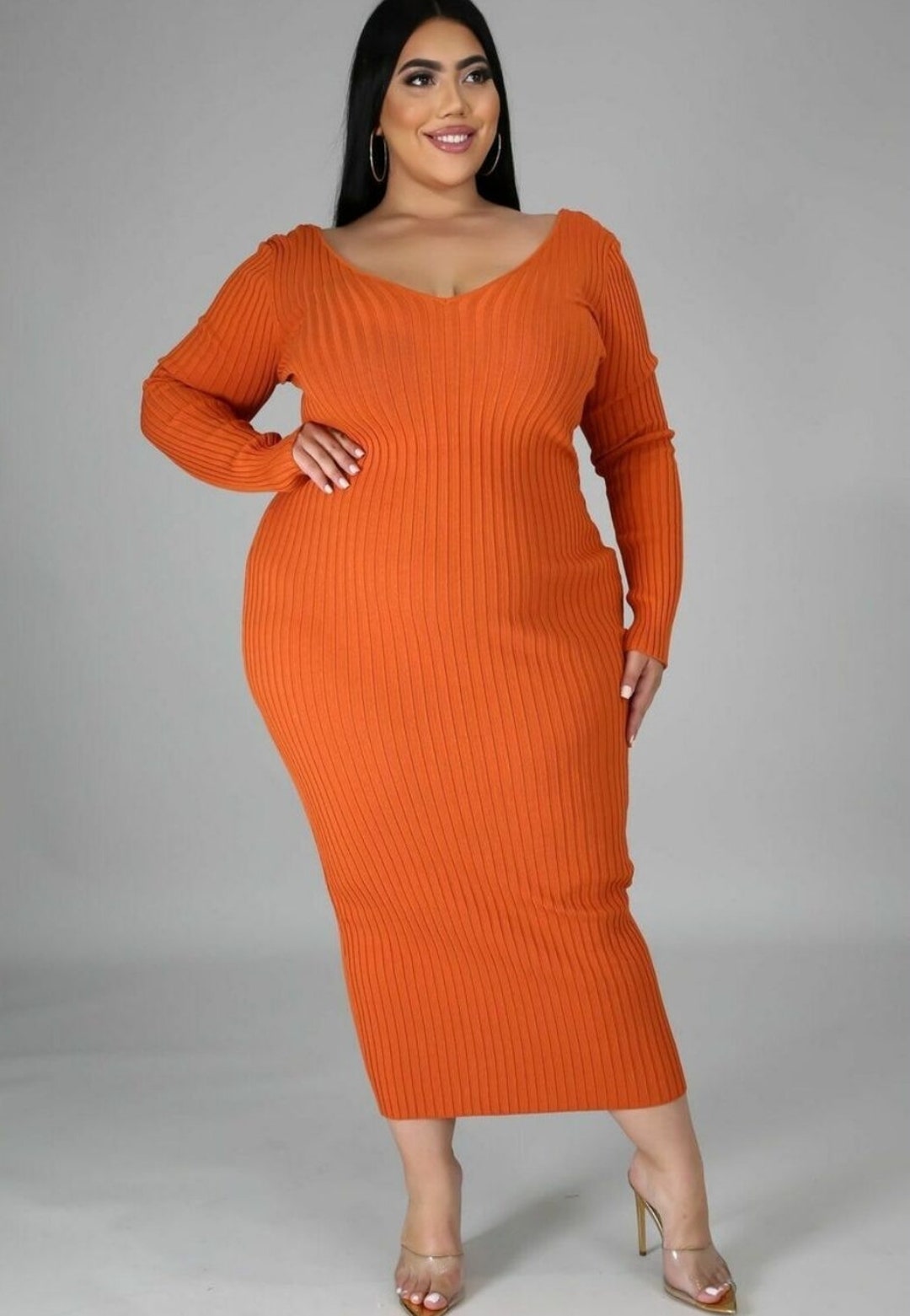 Plus Size Orange Ribbed off the Shoulder Midi Dress - Etsy