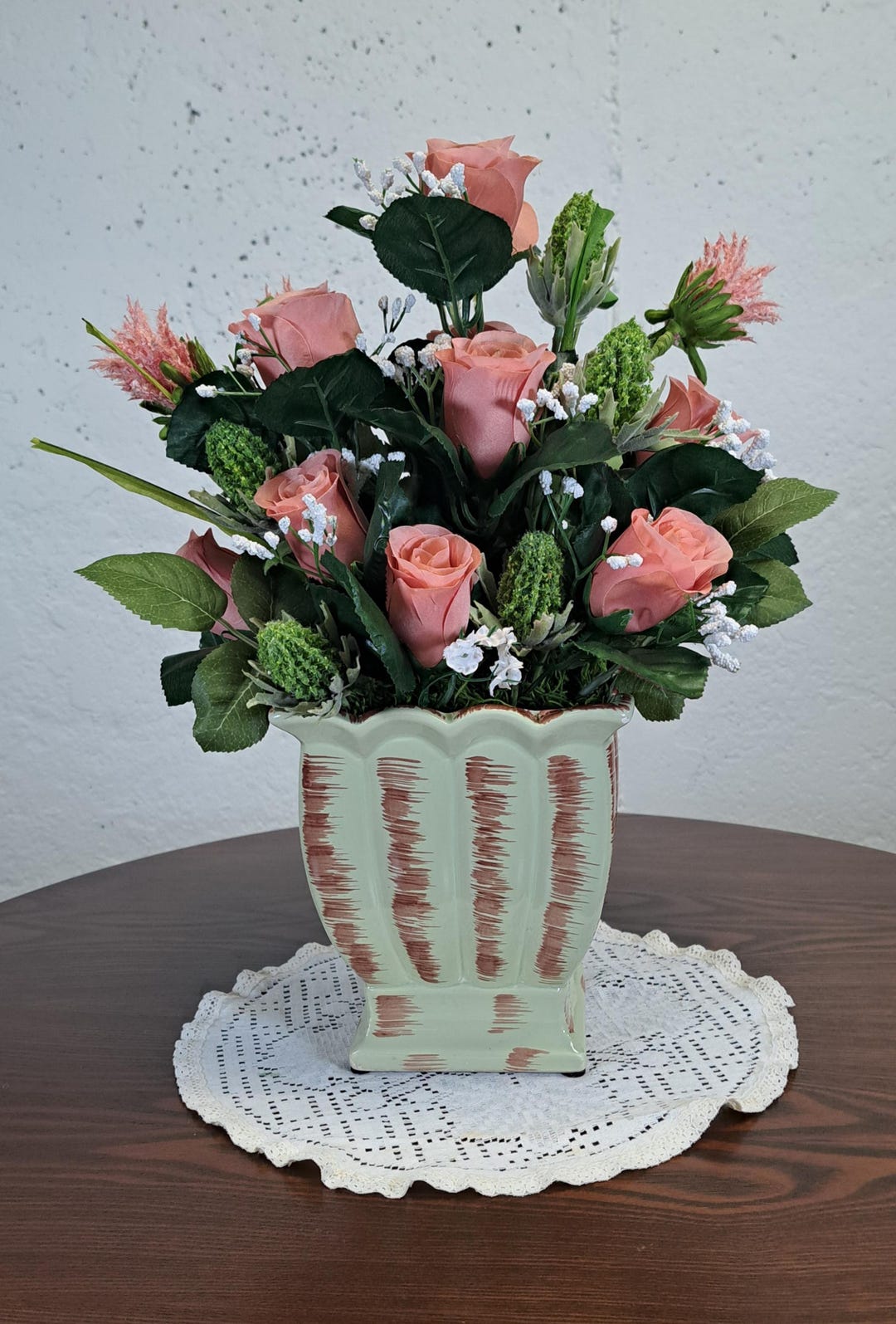 Pink Rose Table Arrangement in a Green Ceramic Square Vase, Pink Roses ...